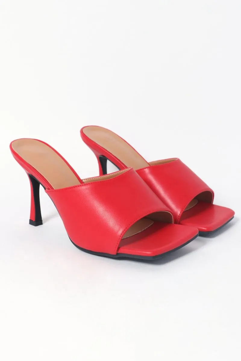Red Square Toe Heeled Mules Sandals | Parallel