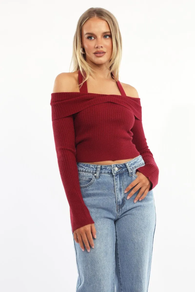 Red Knit Top Long Sleeve Off Shoulder Halter | Parallel