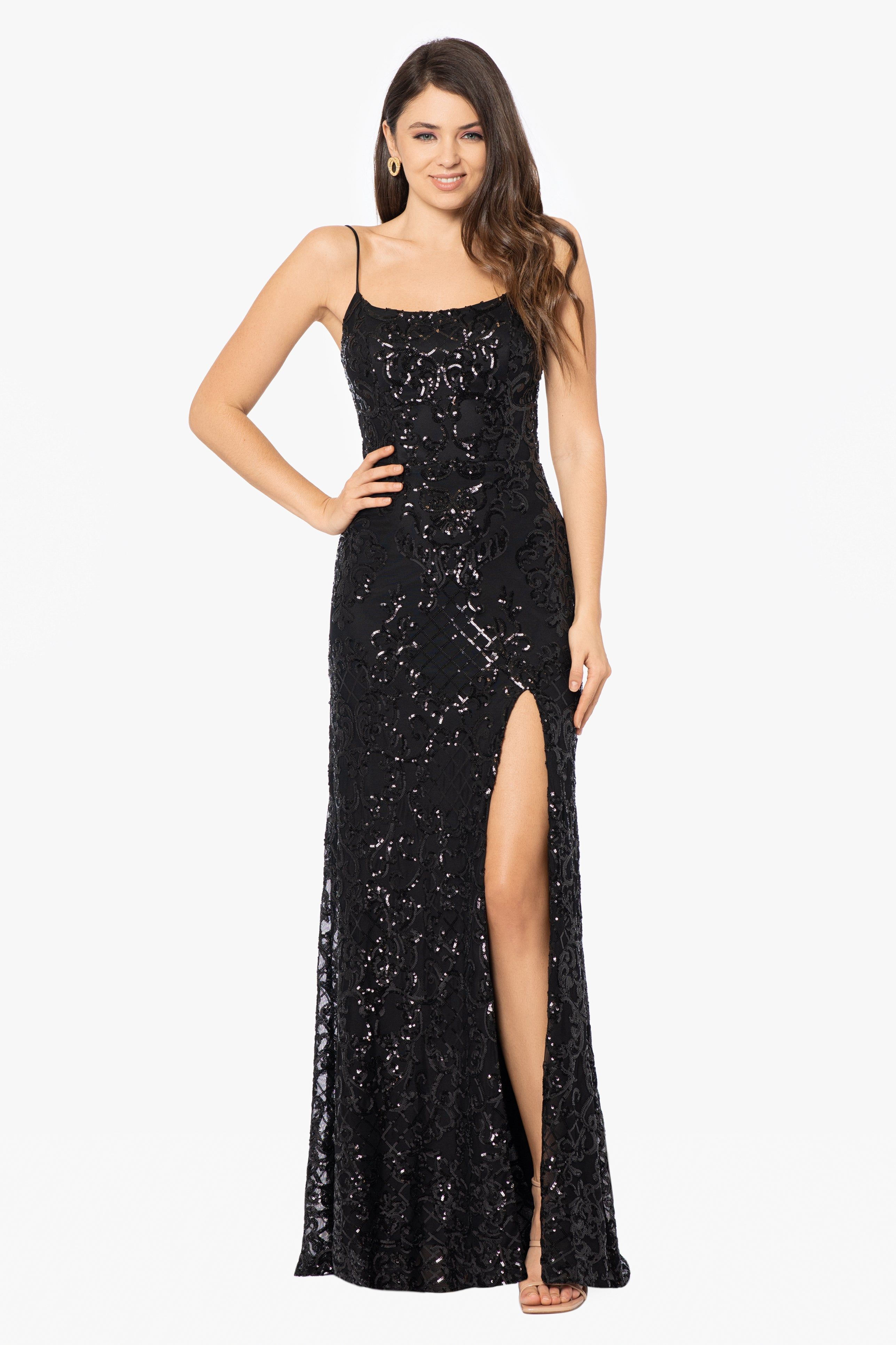 "Pia" Long Sequin Scoop Neck Dress | Parallel