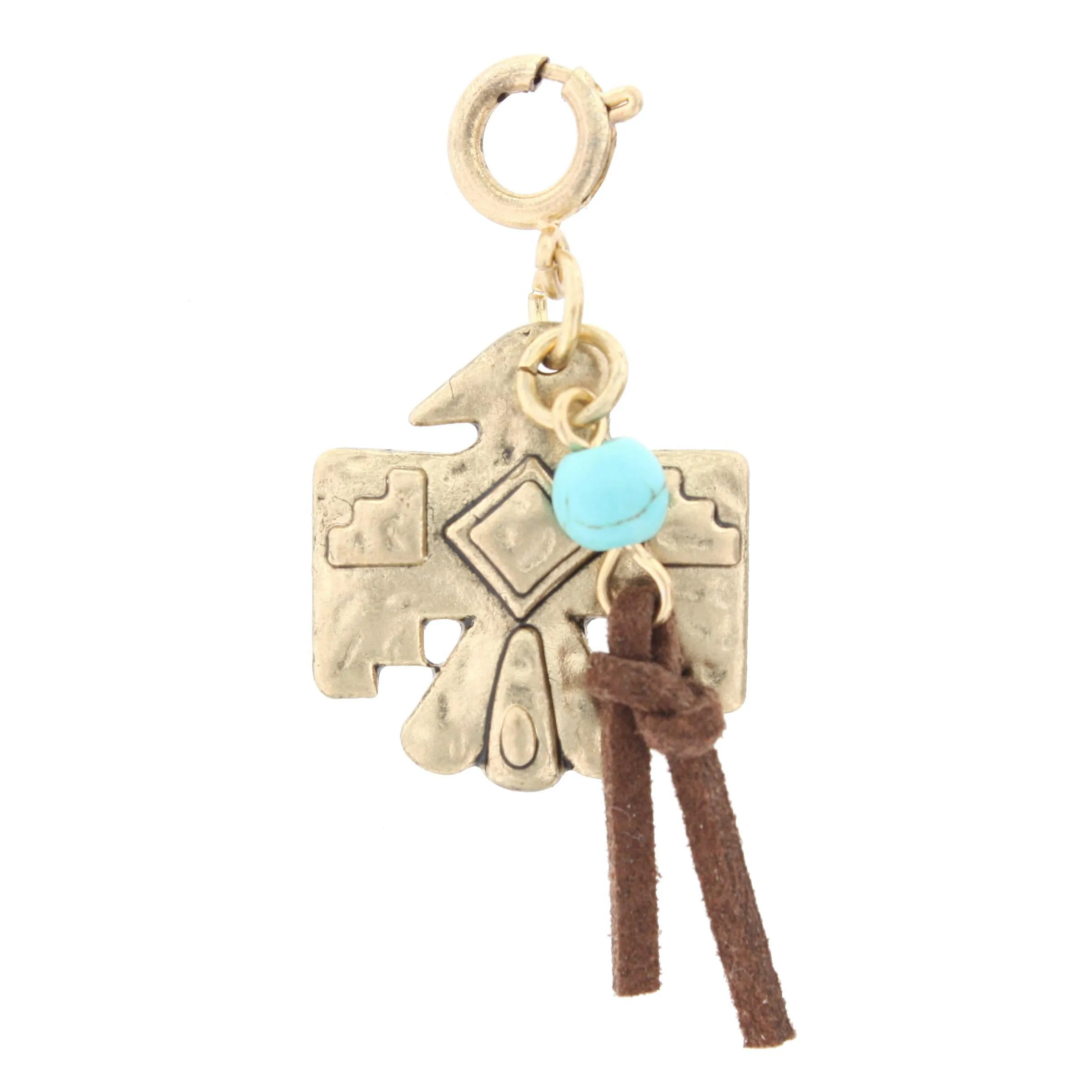Gold Thunderbird with Turquoise Bead And Leather Tassel Charm | Parallel