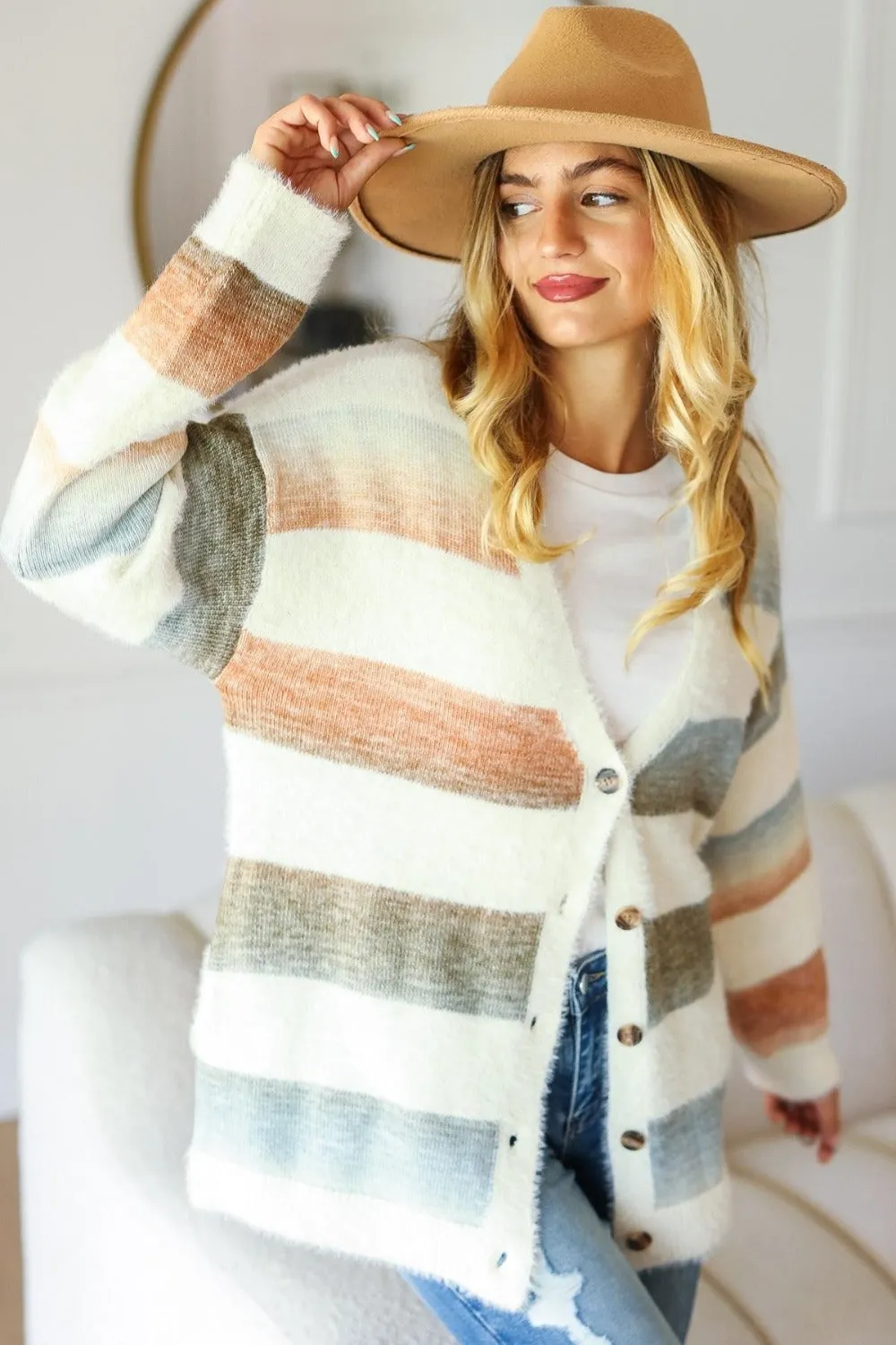 Haptics Full Size Button Down Stripe Soft Fuzzy Sweater Cardigan | Parallel