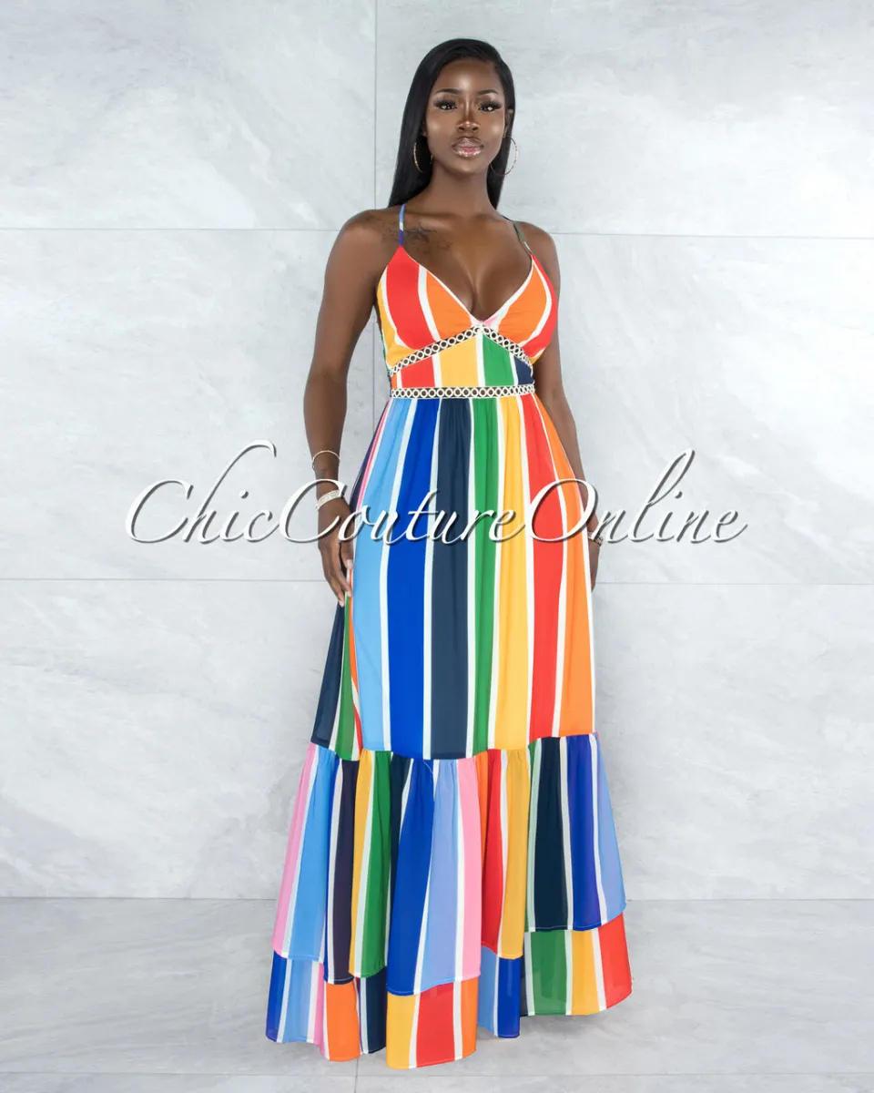 Alegria Multi-Color Stripe Crochet Details Maxi Ruffle Dress | Parallel