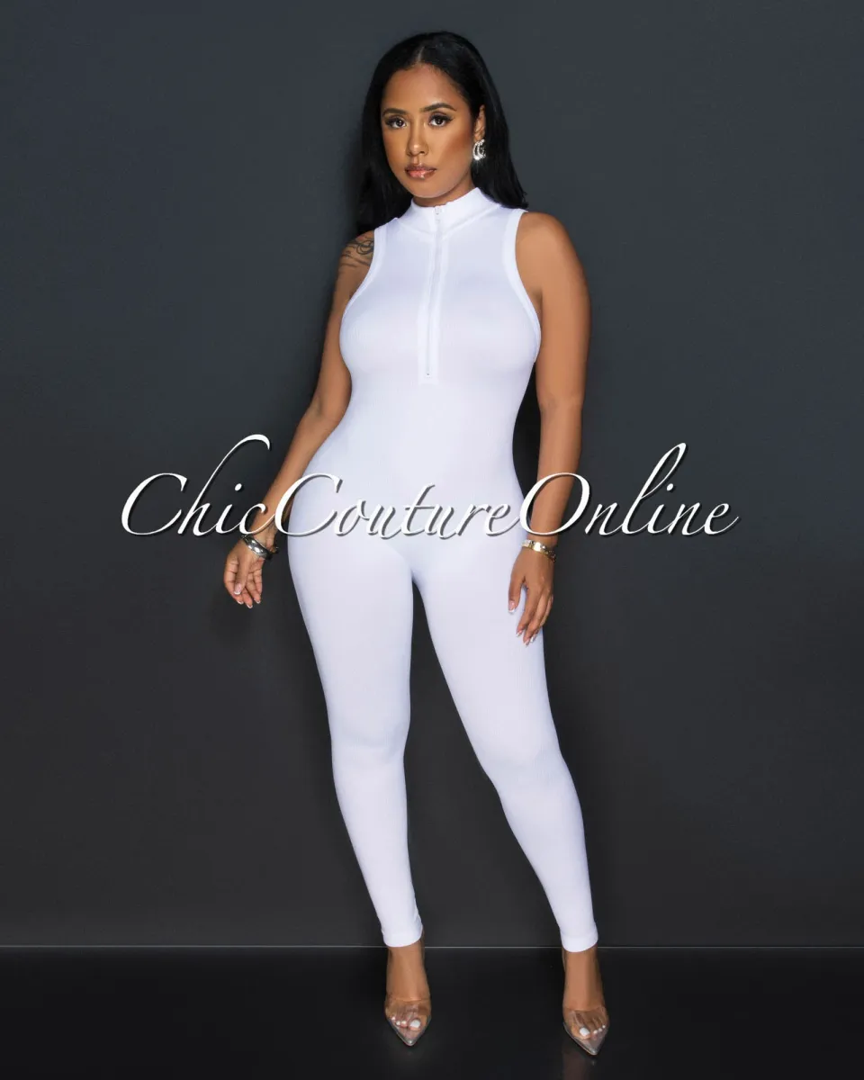 Lavia White Front Zipper BodyCon Ribbed Jumpsuit | Parallel