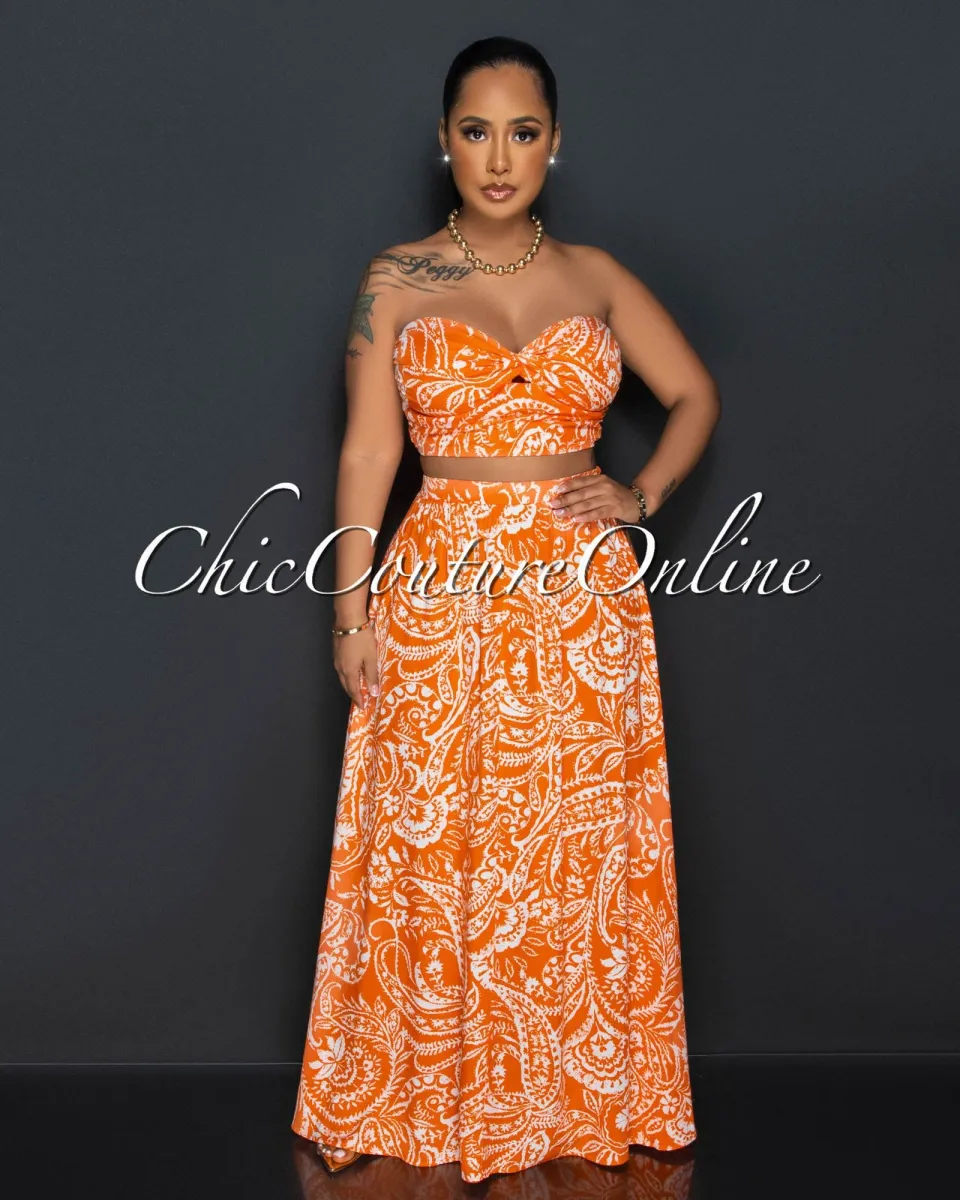 Casta Orange Wite Print Crop Top & Maxi Skirt Set | Parallel