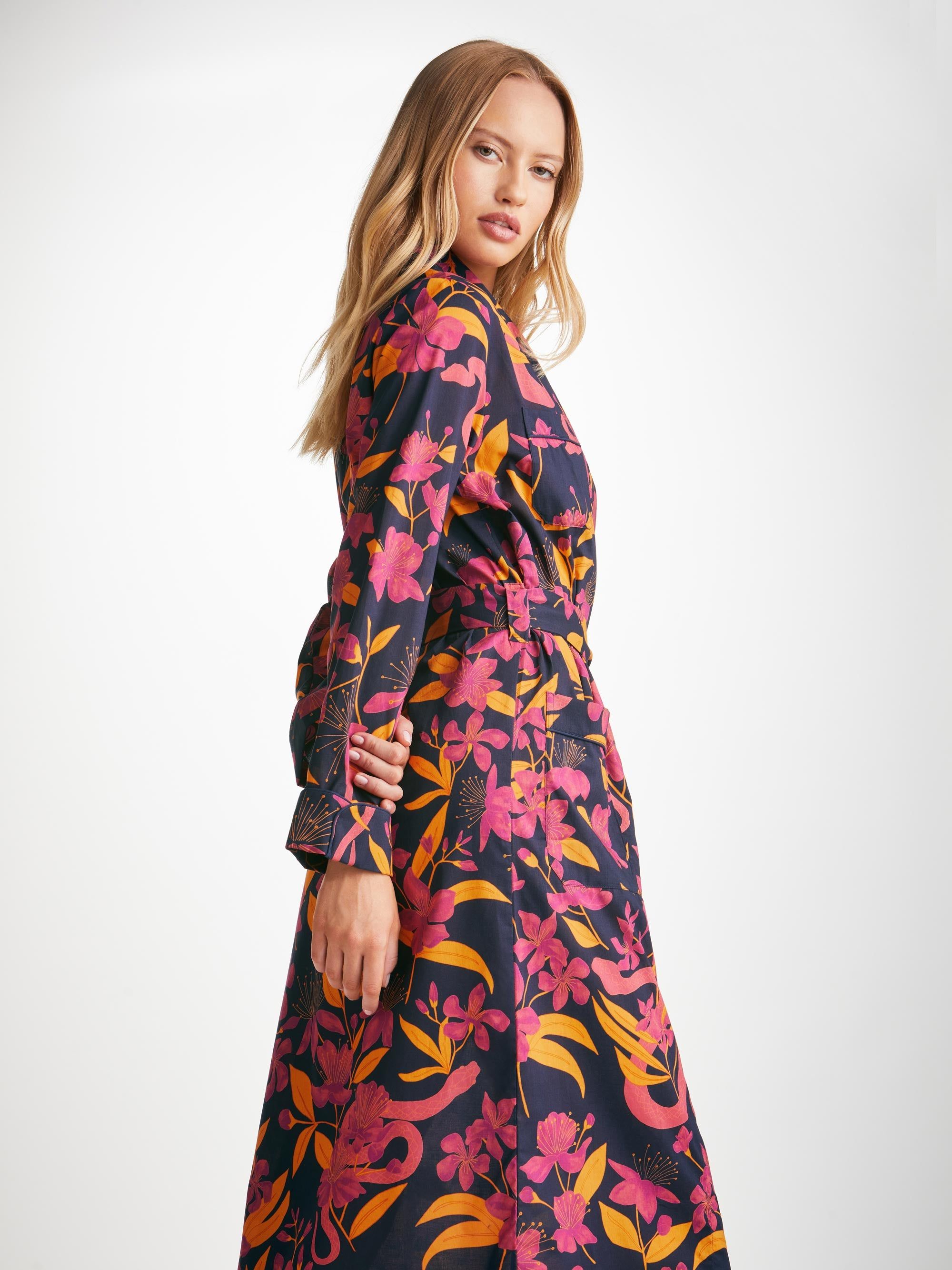 Women's Long Dressing Gown Ledbury 68 Cotton Batiste Navy | Parallel