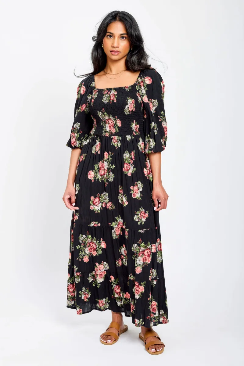 Floral Smocked Balloon-Sleeve Maxi Dress | Parallel