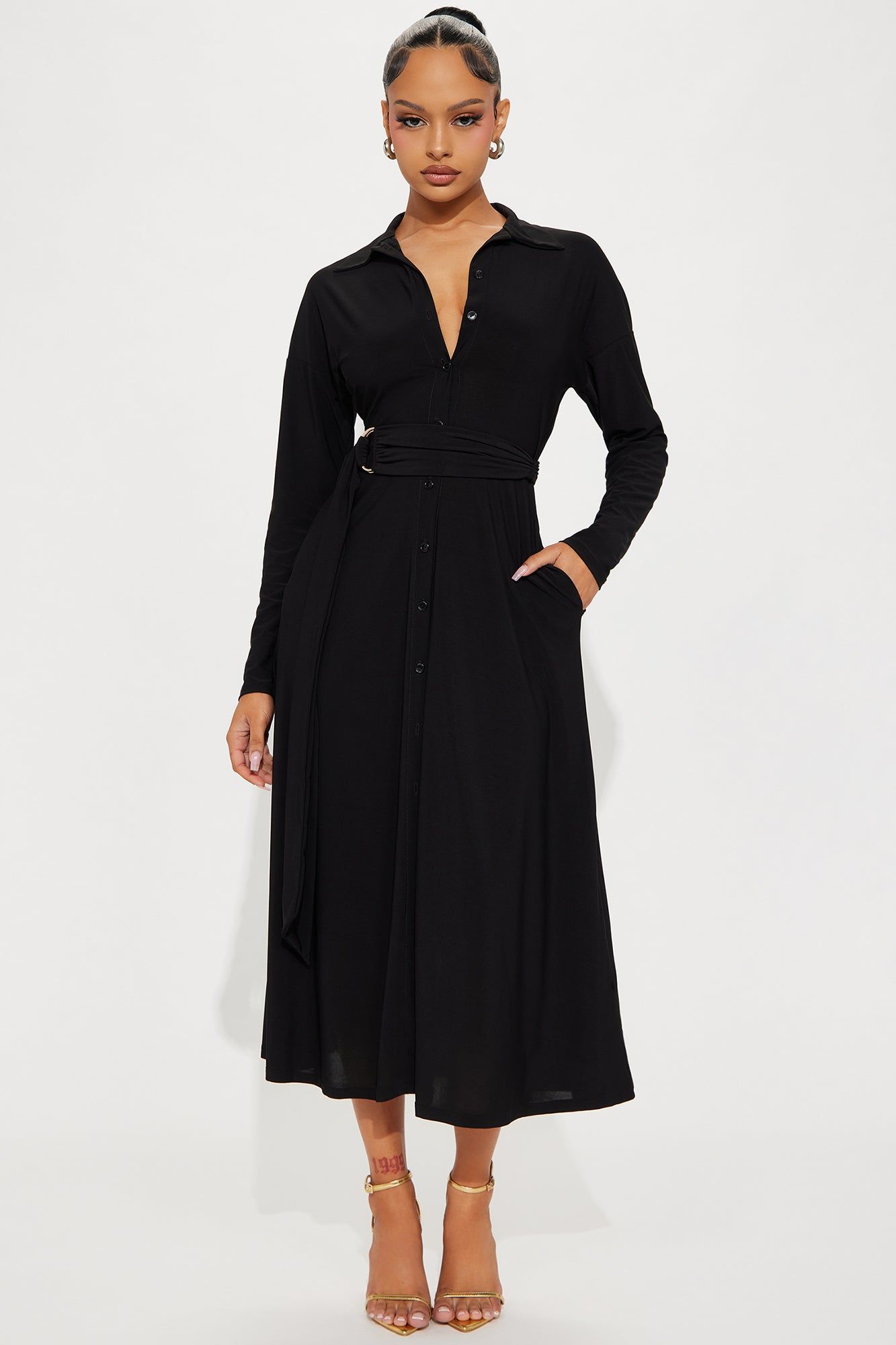 Elena Button Up Midi Dress - Black | Parallel