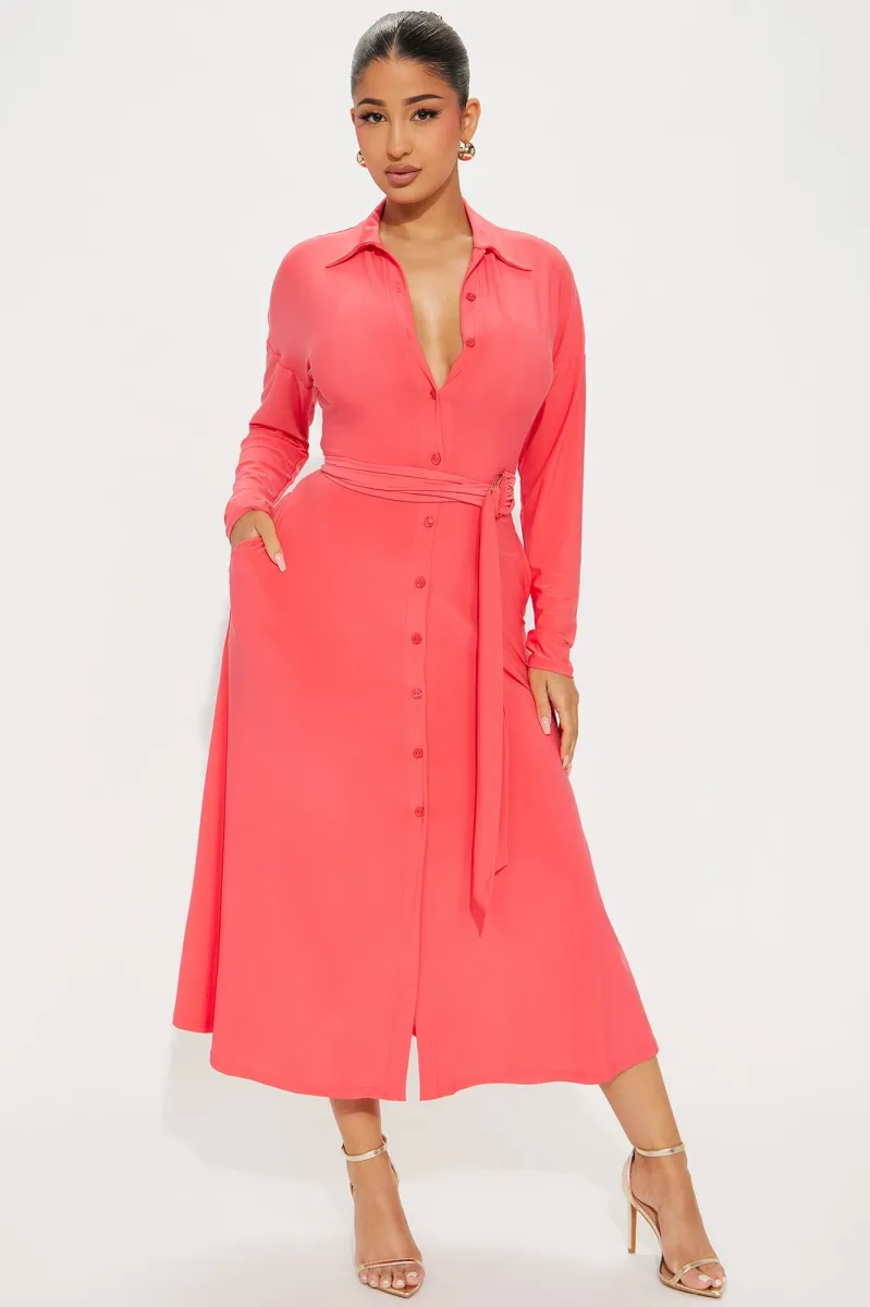 Elena Button Up Midi Dress - Coral | Parallel
