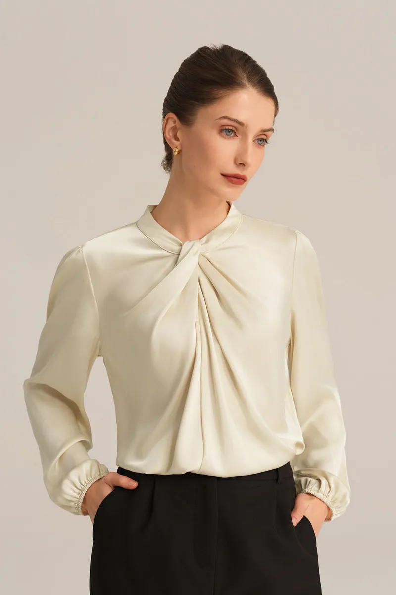 Knotted Neck Comfy Long Sleeve Keyhole Back Blouse - Gold | Parallel