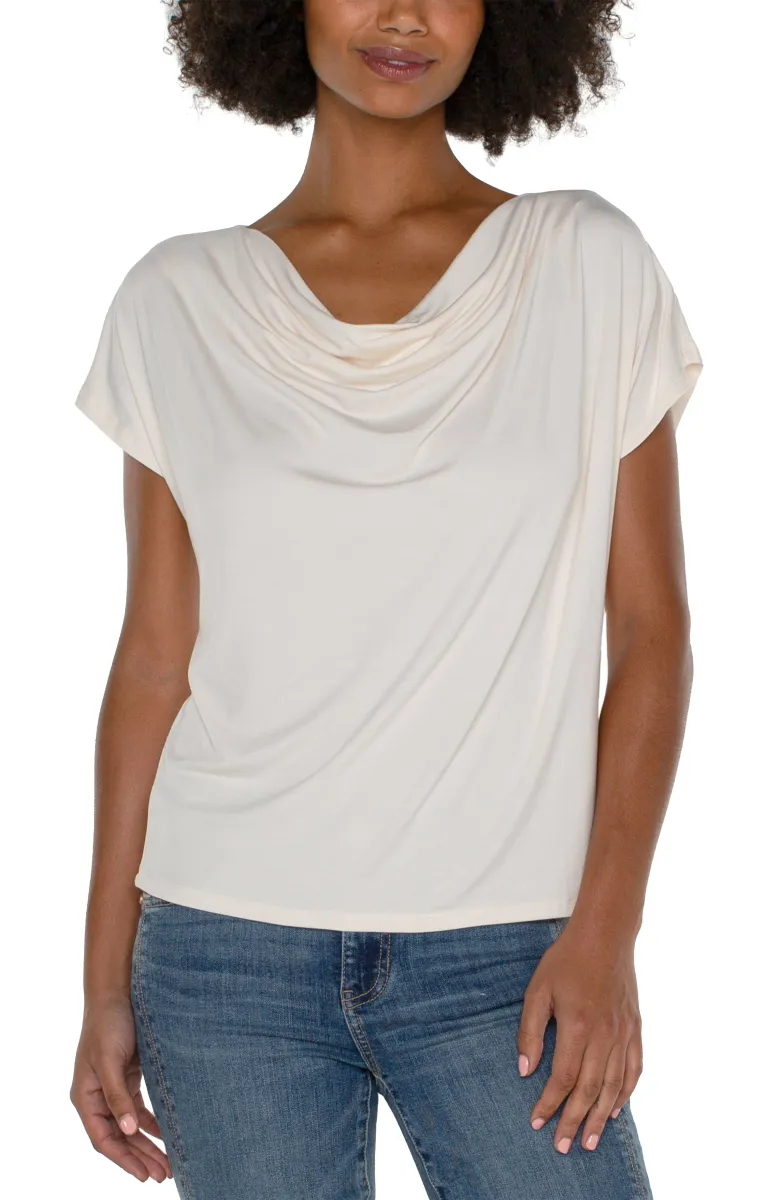 SHORT SLEEVE KNIT TOP WITH DRAPED COWL NECK | Parallel