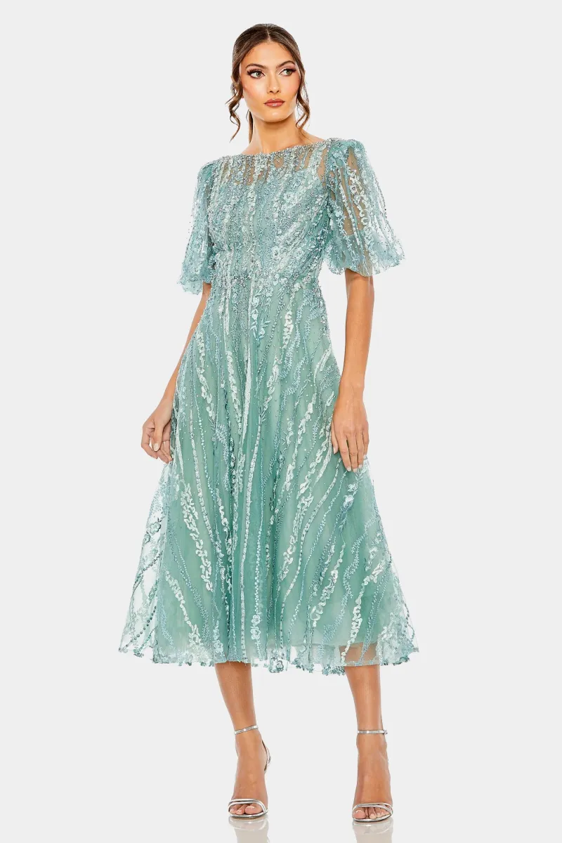 High Neck Puff Sleeve Embellished A-Line Dress | Parallel