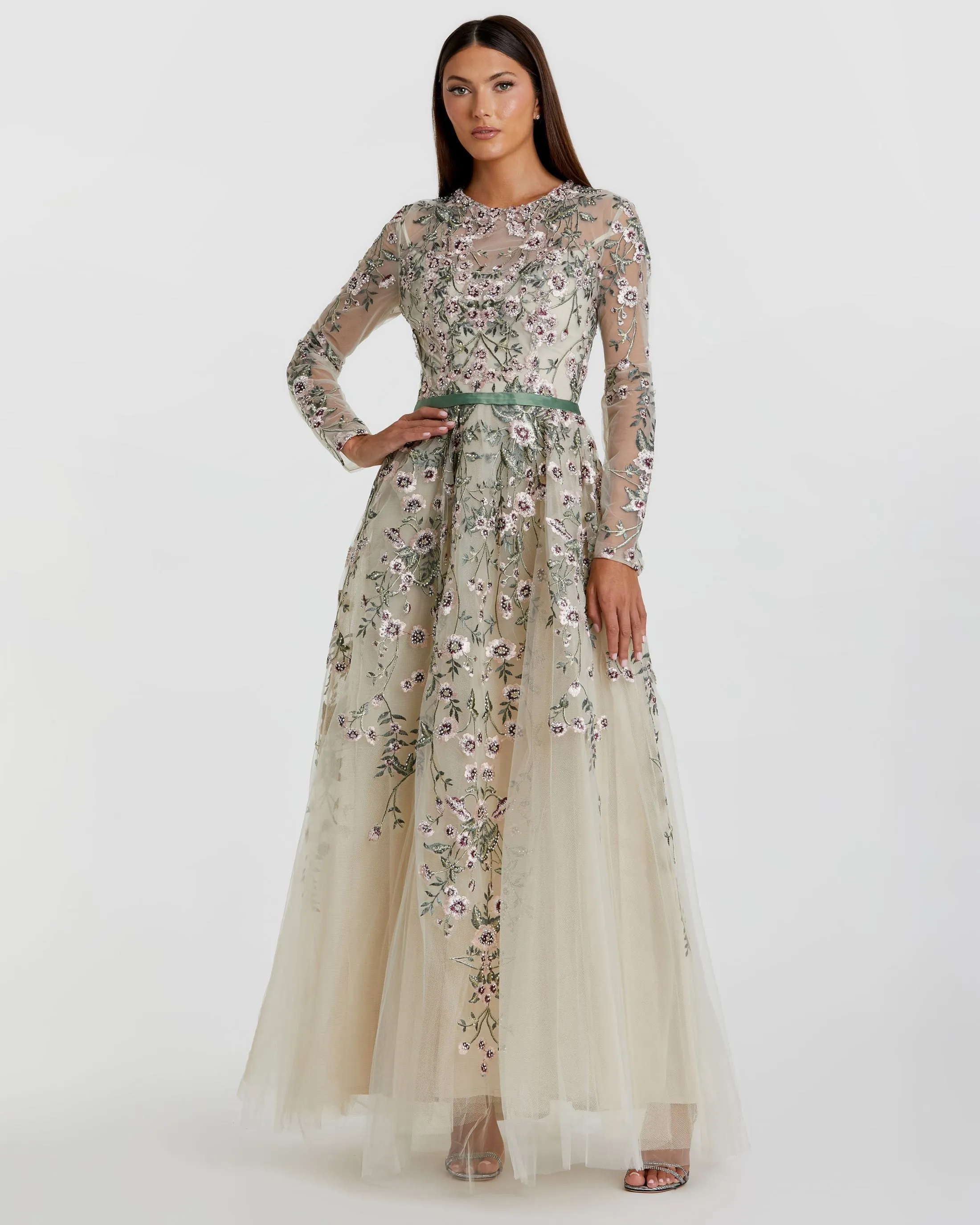 Multicolor Long Sleeve Floral Embellished A-Line Gown | Parallel