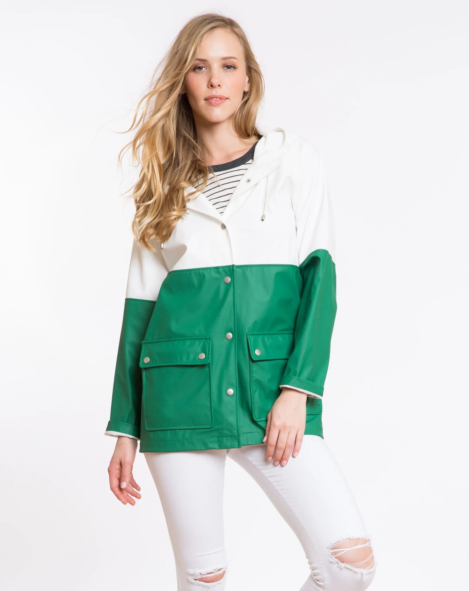 Classic Colorblock Raincoat - Green and White | Parallel