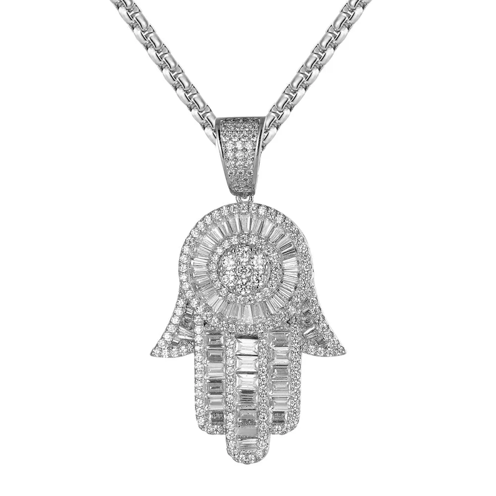 Baguette White Tone Hamsa Hand Bling Designer Charm Free Chain | Parallel