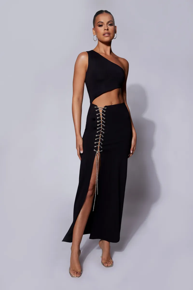 Margot One Shoulder Maxi Dress With Diamante Rope - Black | Parallel