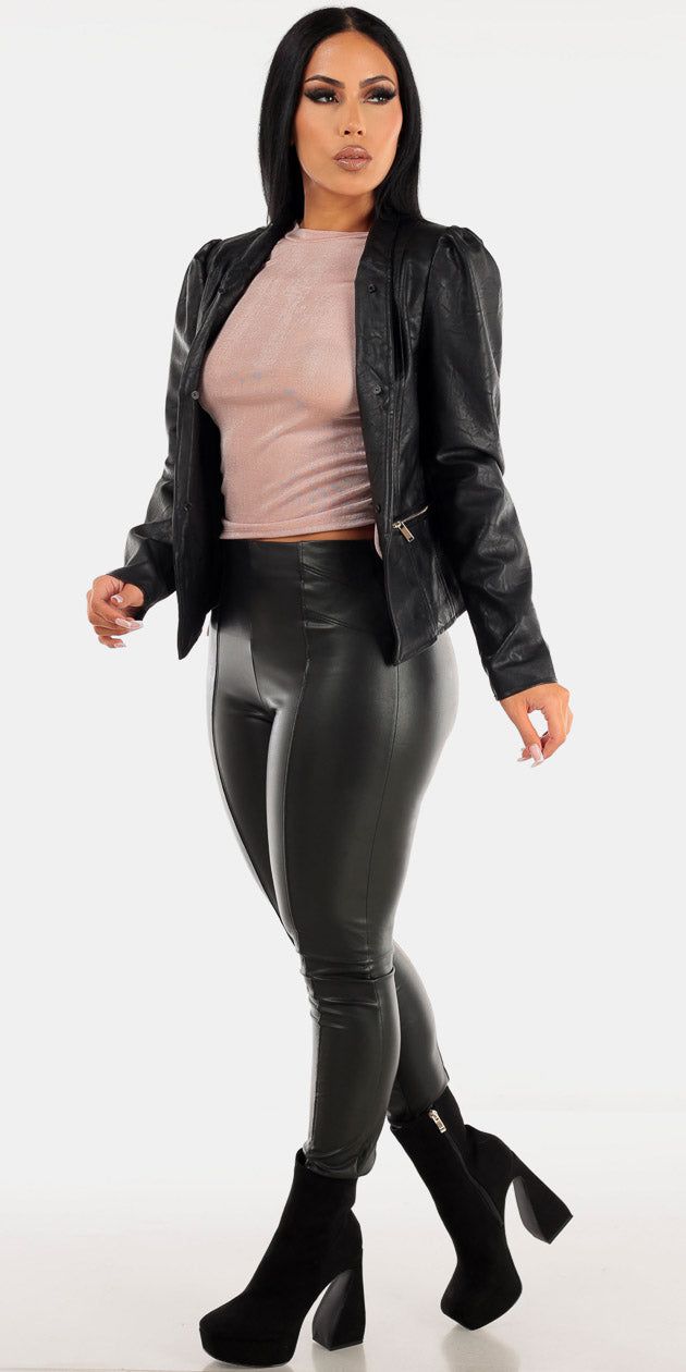 Pull On Black Pleather Skinny Pants Long Sleeve Ruched Light Pink Top ...