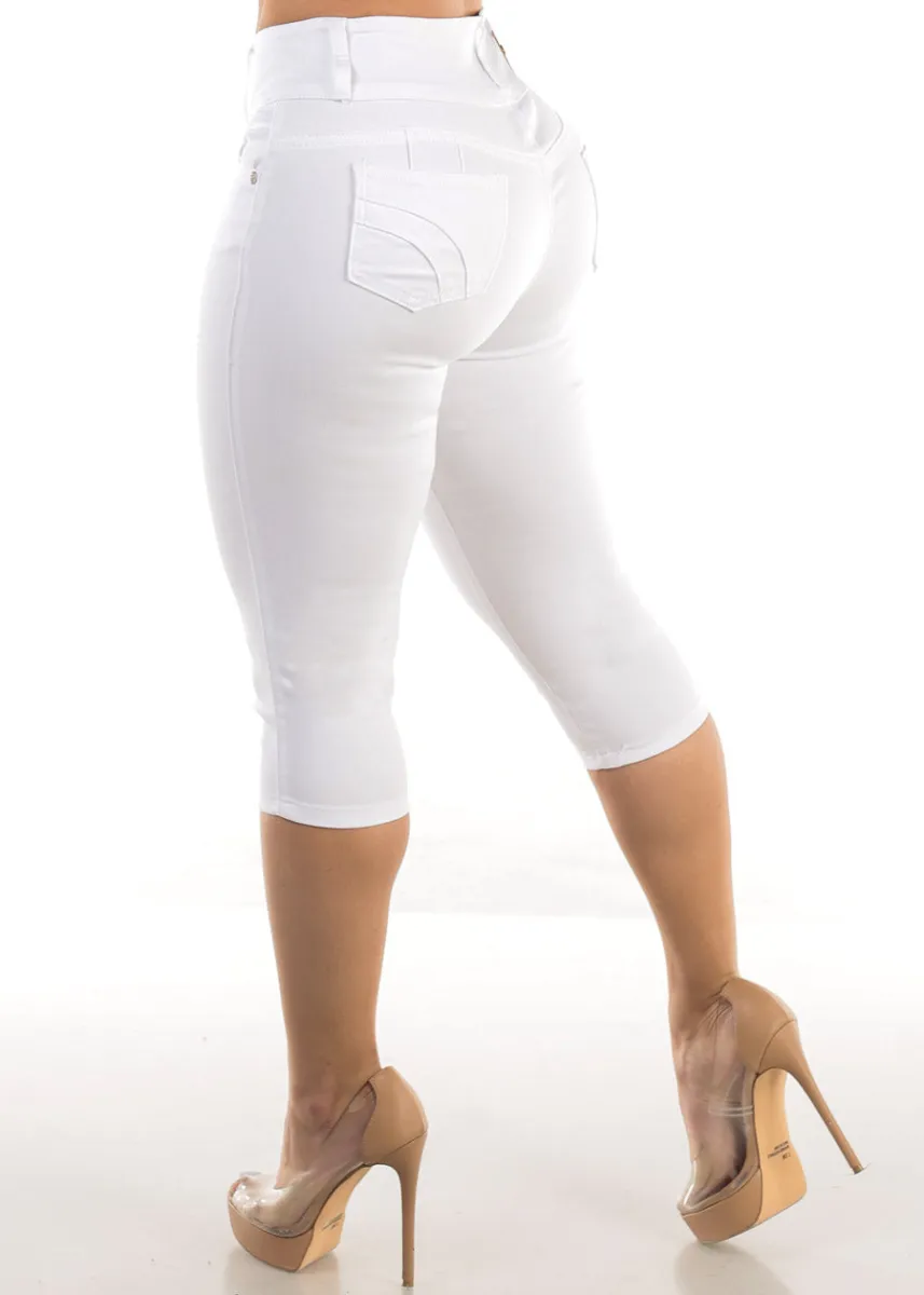 High Waisted White Butt Lift Denim Capris | Parallel