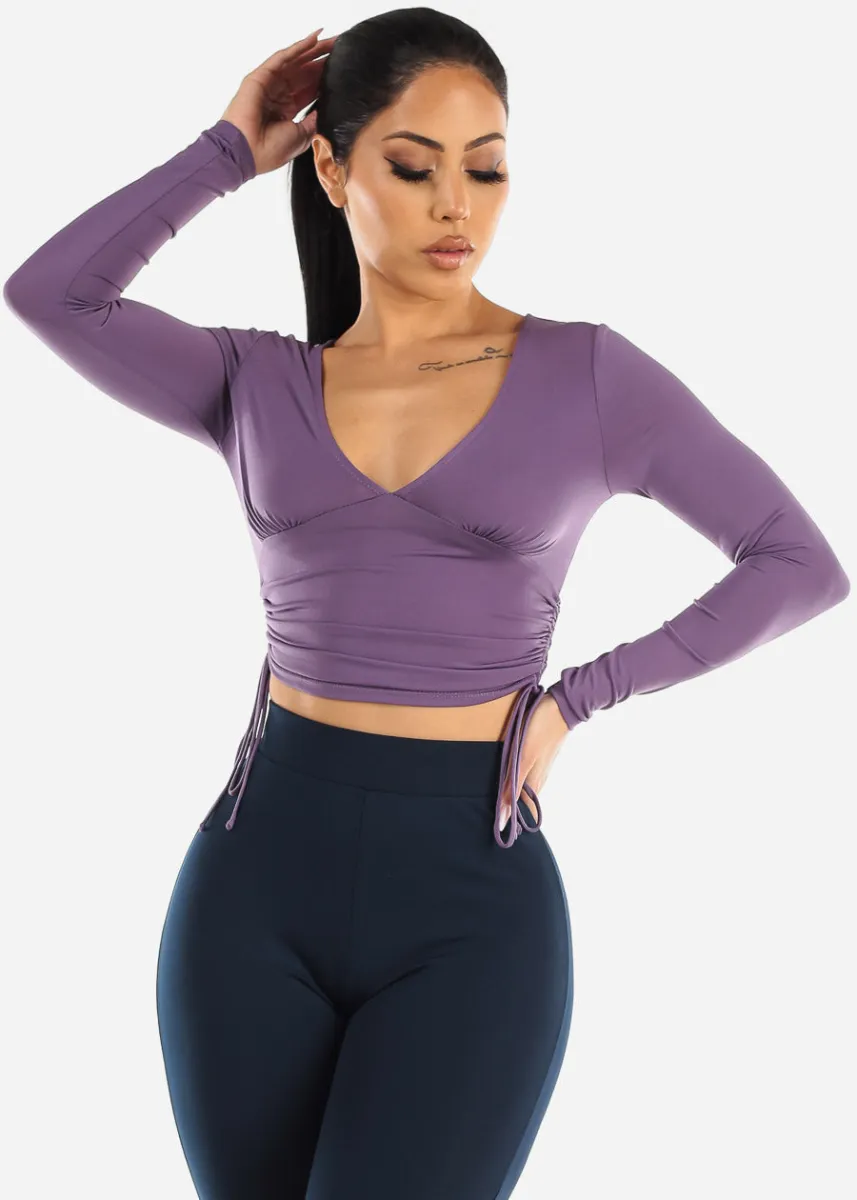 Long Sleeve V-neck Crop Top Lilac w Ruched Sides | Parallel