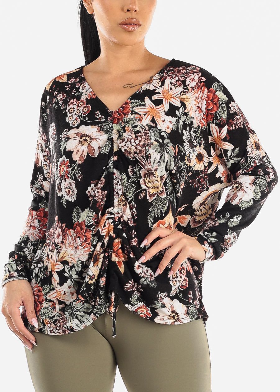 Ruched Front Long Sleeve Floral Tunic Top | Parallel