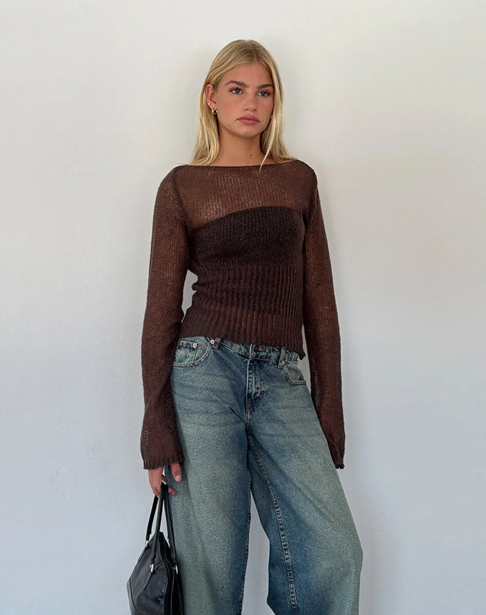 Manon Long Sleeve Sheer Knit Top in Chocolate Brown | Parallel