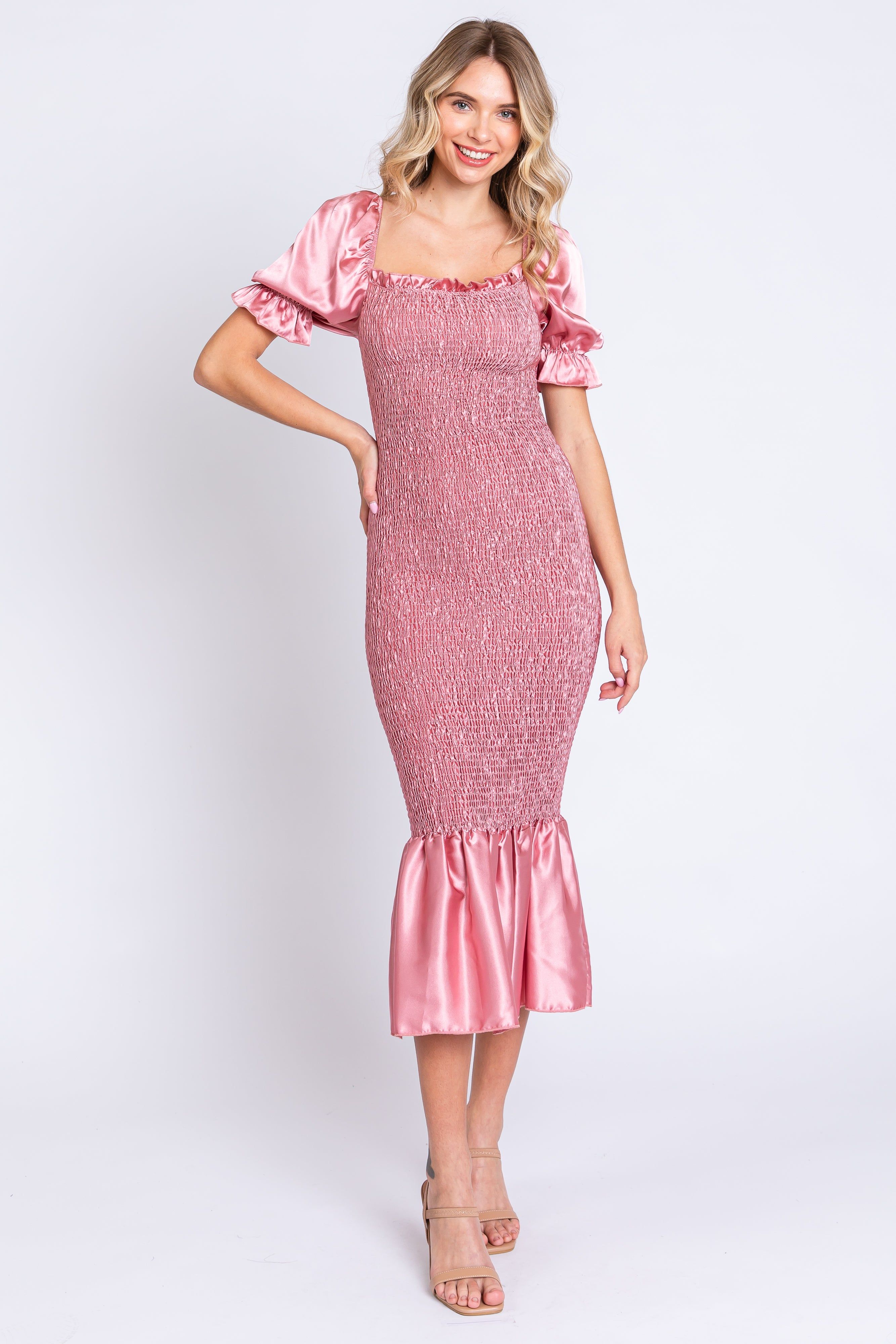 Pink Smocked Satin Midi Dress | Parallel