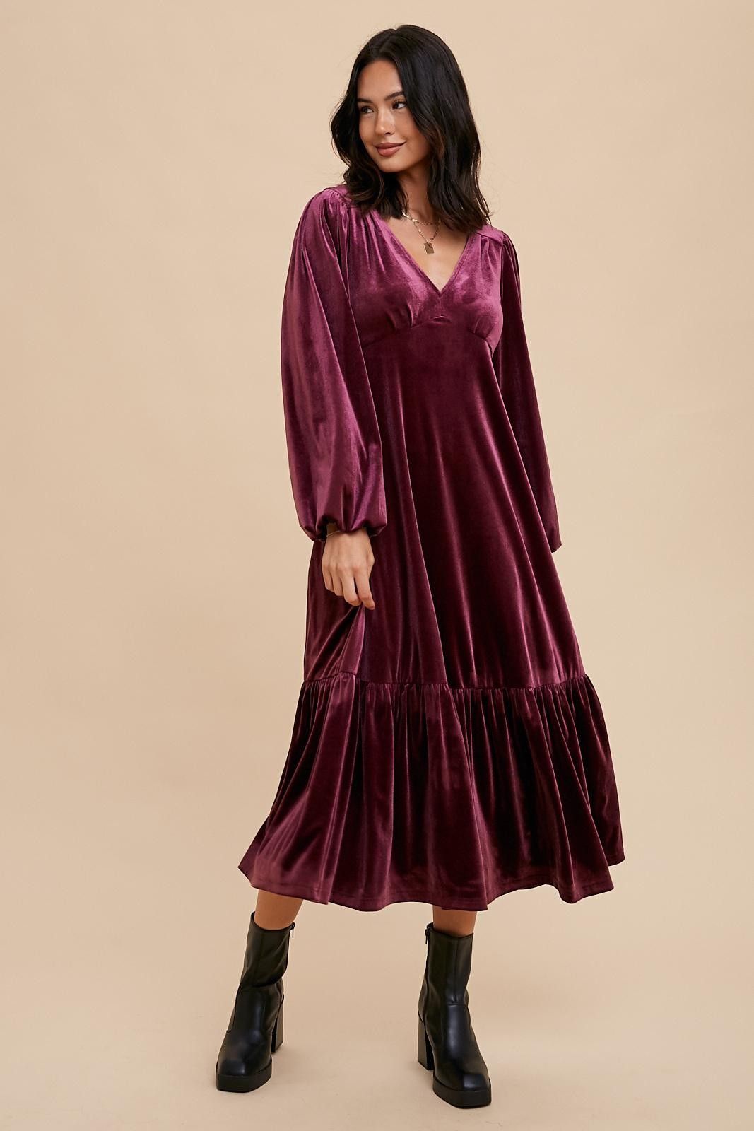 Magenta V-Neck Ruffle Hem Velvet Midi Dress | Parallel