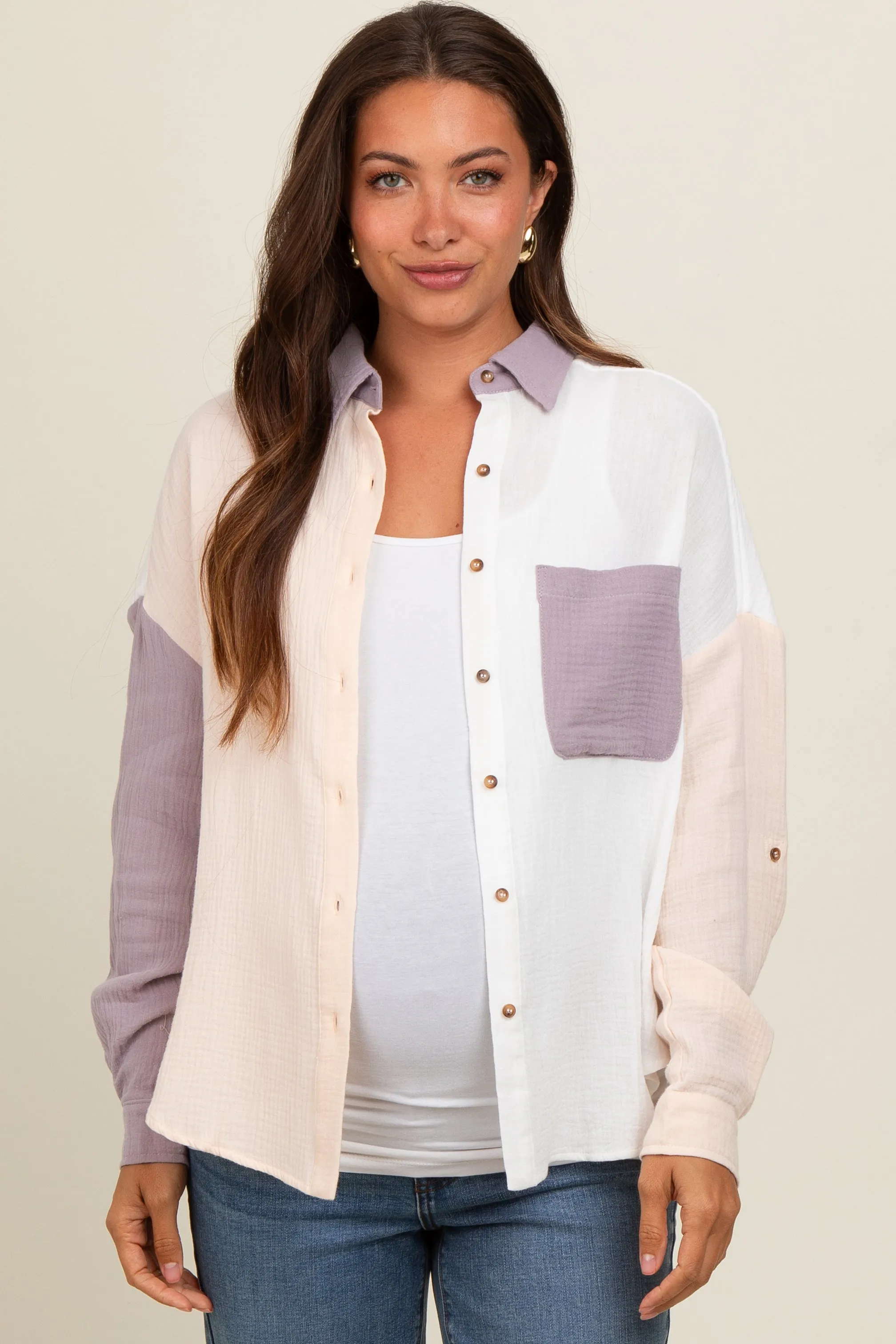 Lavender Lightweight Colorblock Maternity Button Up Top | Parallel