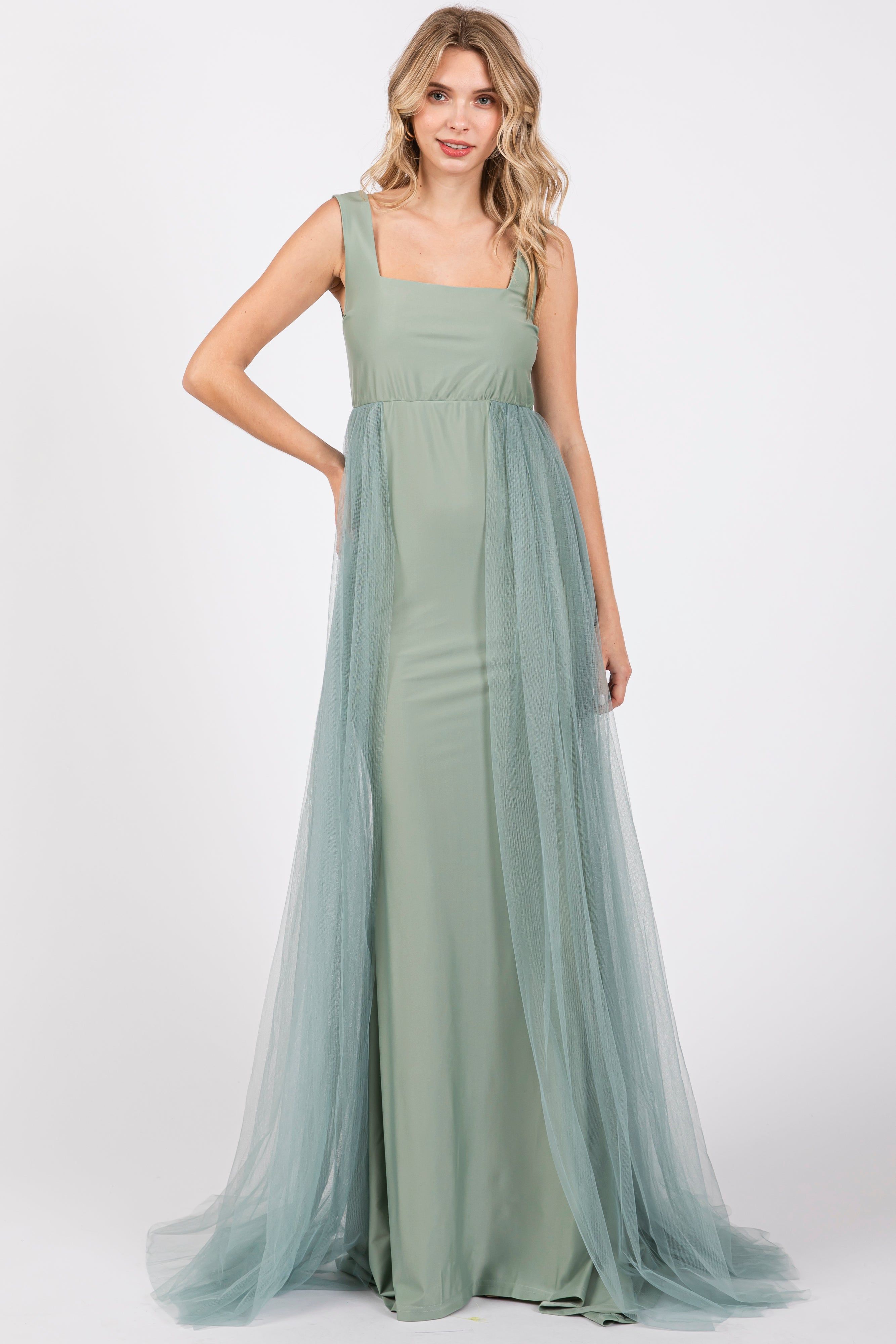 Light Olive Square Neck Tulle Maxi Dress | Parallel