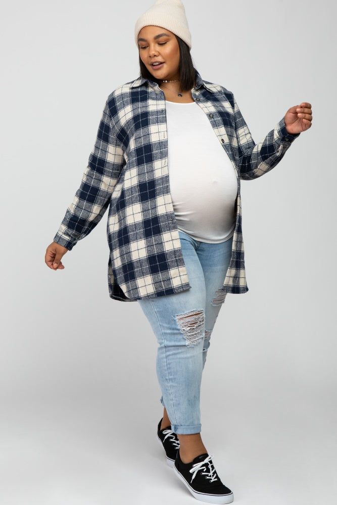 Navy Plaid Maternity Plus Shirt Jacket | Parallel
