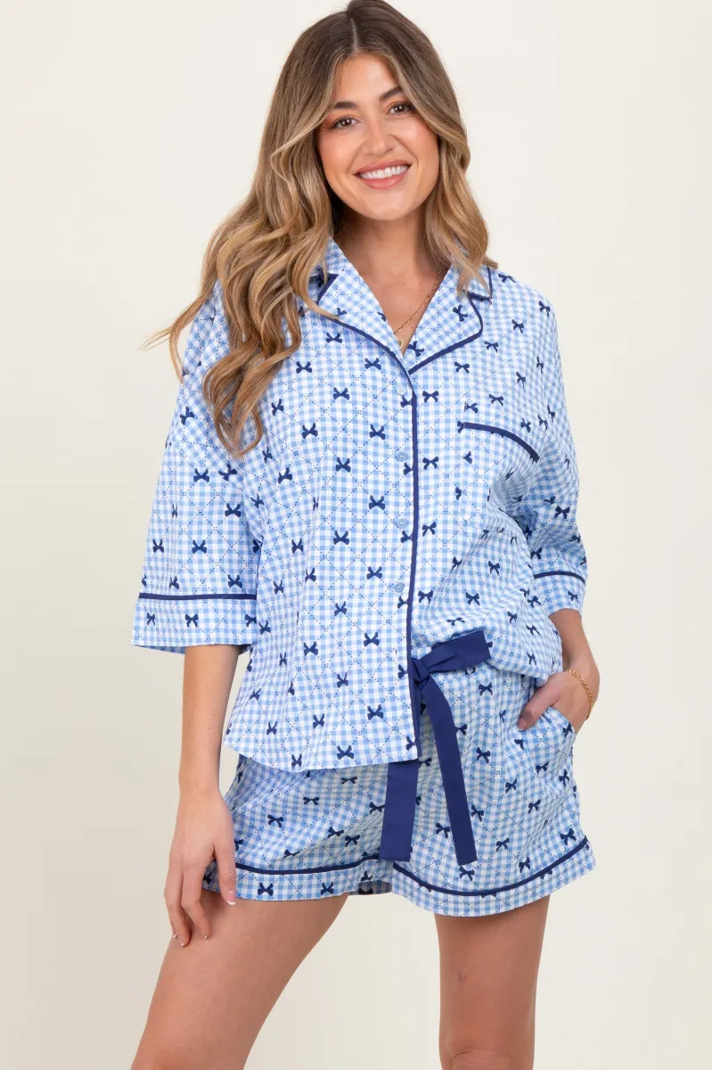 Light Blue Bow Print Gingham Pajama Short Maternity Set | Parallel