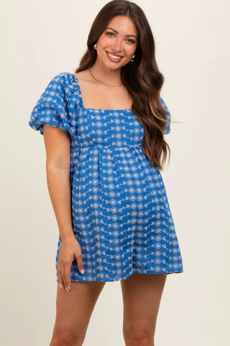 Blue Embroidered Floral Maternity Romper | Parallel