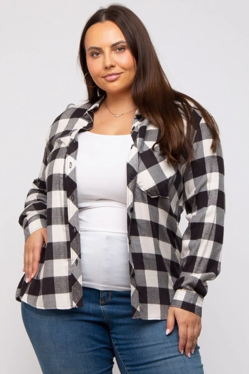 Cream Checkered Plus Long Sleeve Button Down Top | Parallel