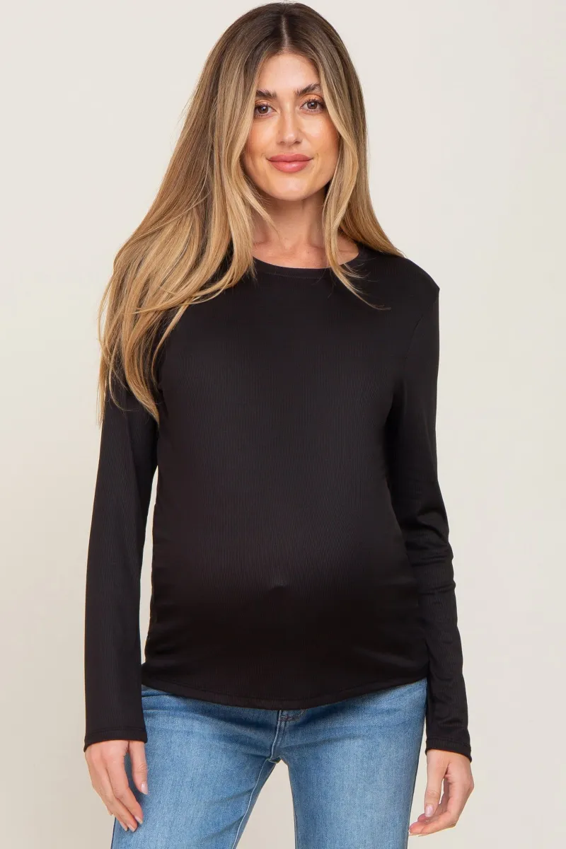 Black Ribbed Basic Long Sleeve Maternity Top | Parallel