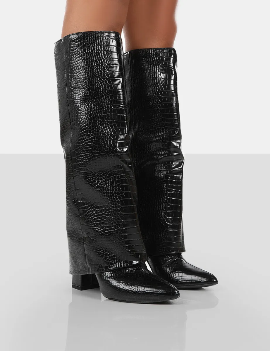 Zendaya Black Patent Croc Pointed Toe Knee High Block Boots | Parallel