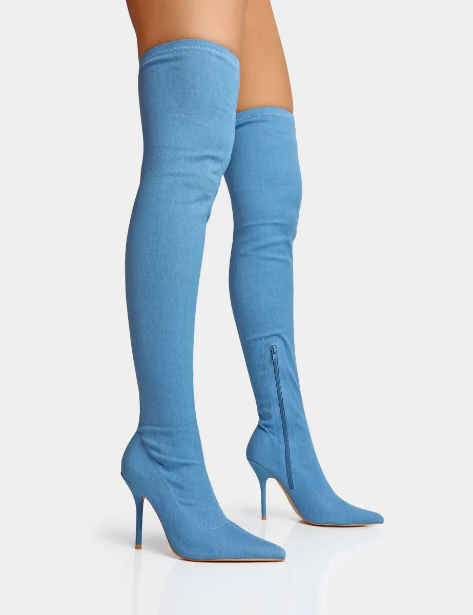 Jodie Blue Denim Seam Detail Pointed Toe Stiletto Thigh High Boots ...