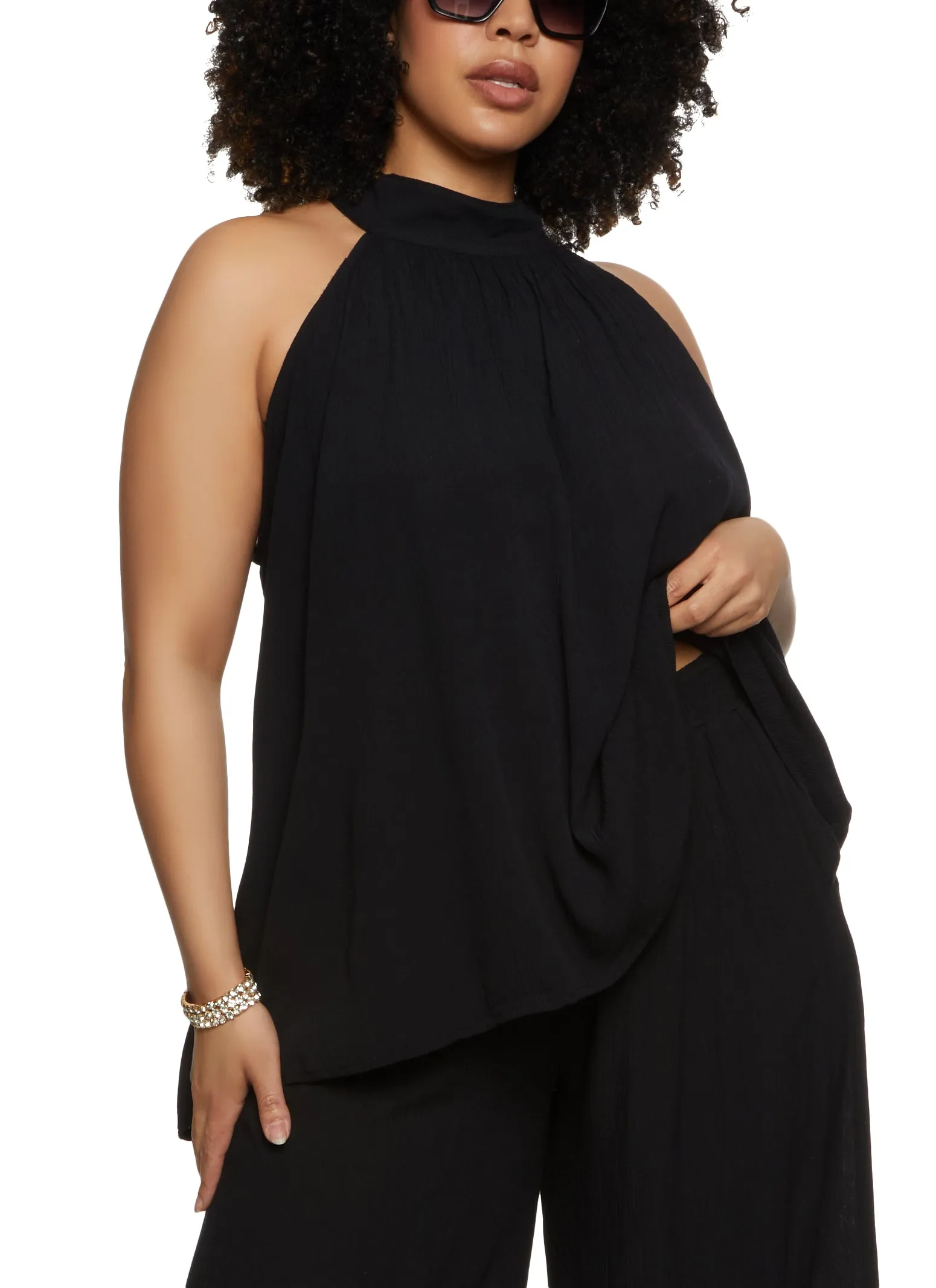 Plus Size Gauze Knit Pleated Neck Halter Top | Parallel