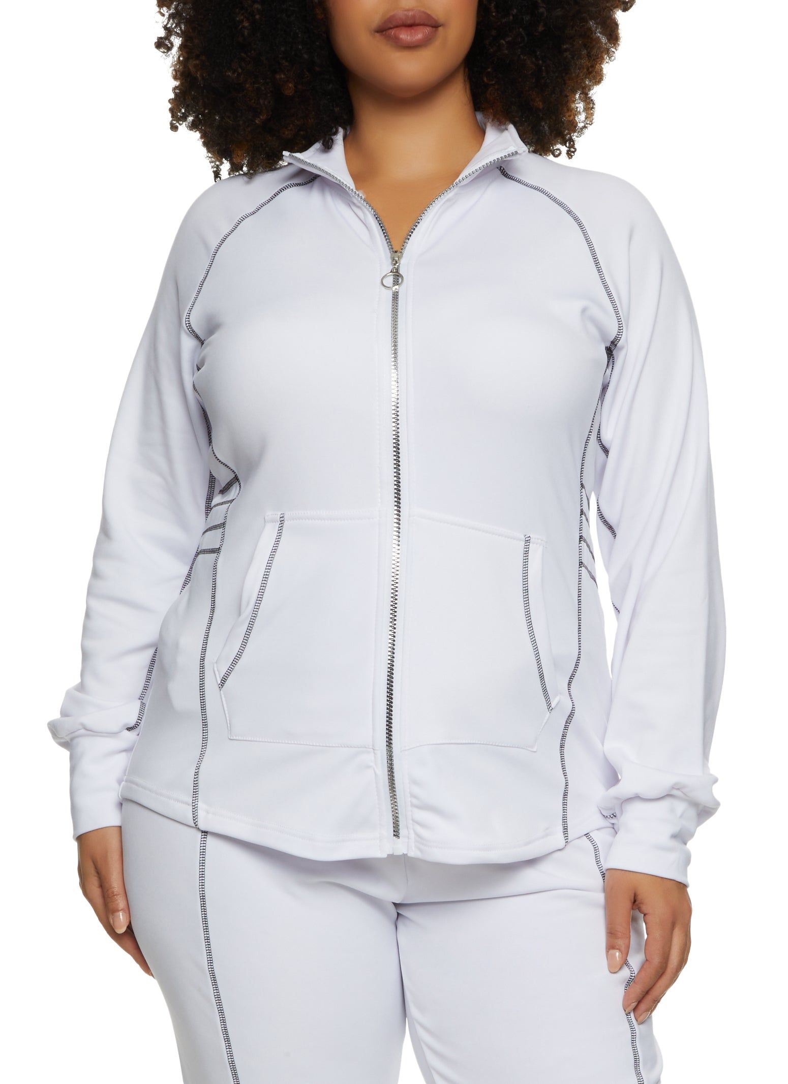 Plus Size Fleece Contrast Stitch Zip Front Track Jacket | Parallel