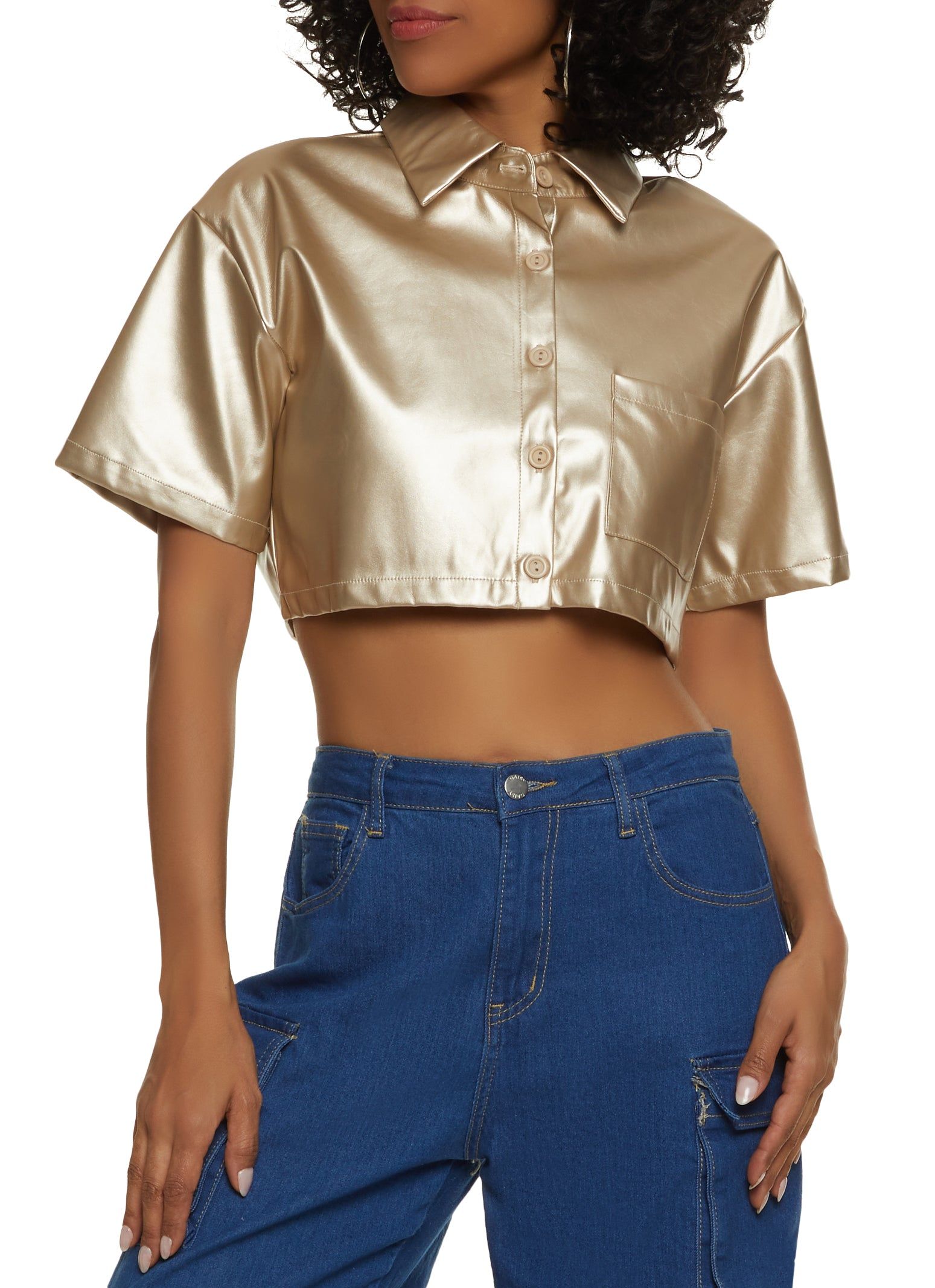 Faux Leather Metallic Boxy Cropped Shirt | Parallel