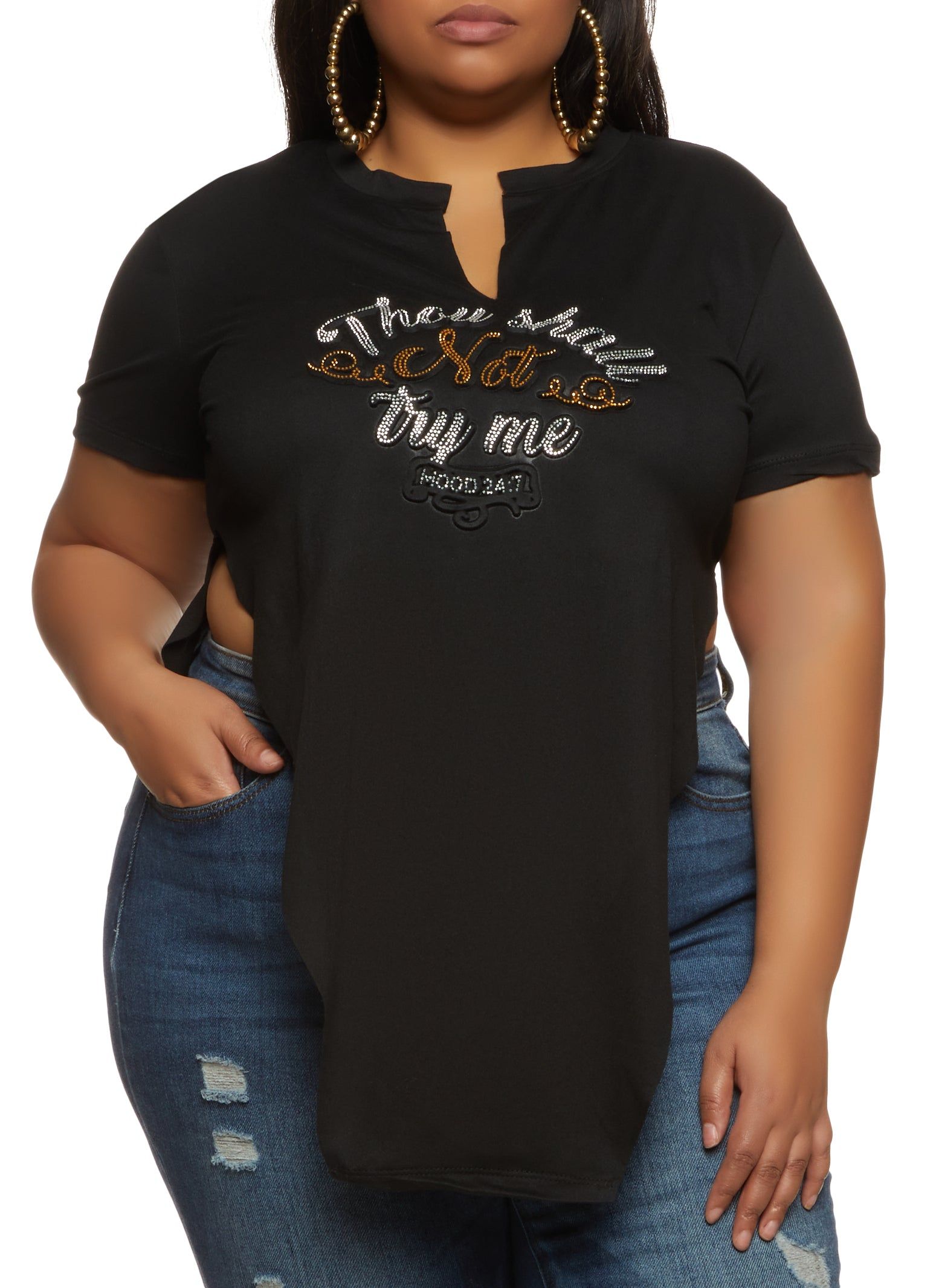 Plus Size Thou Shall Not Try Me Rhinestone Tunic Top | Parallel
