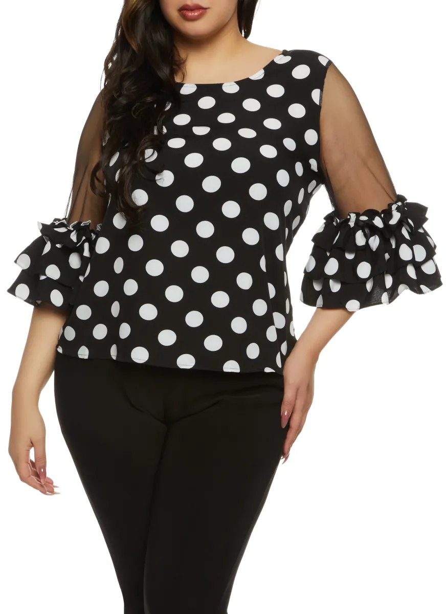 Plus Size Polka Dot Print Mesh Sleeve Blouse | Parallel
