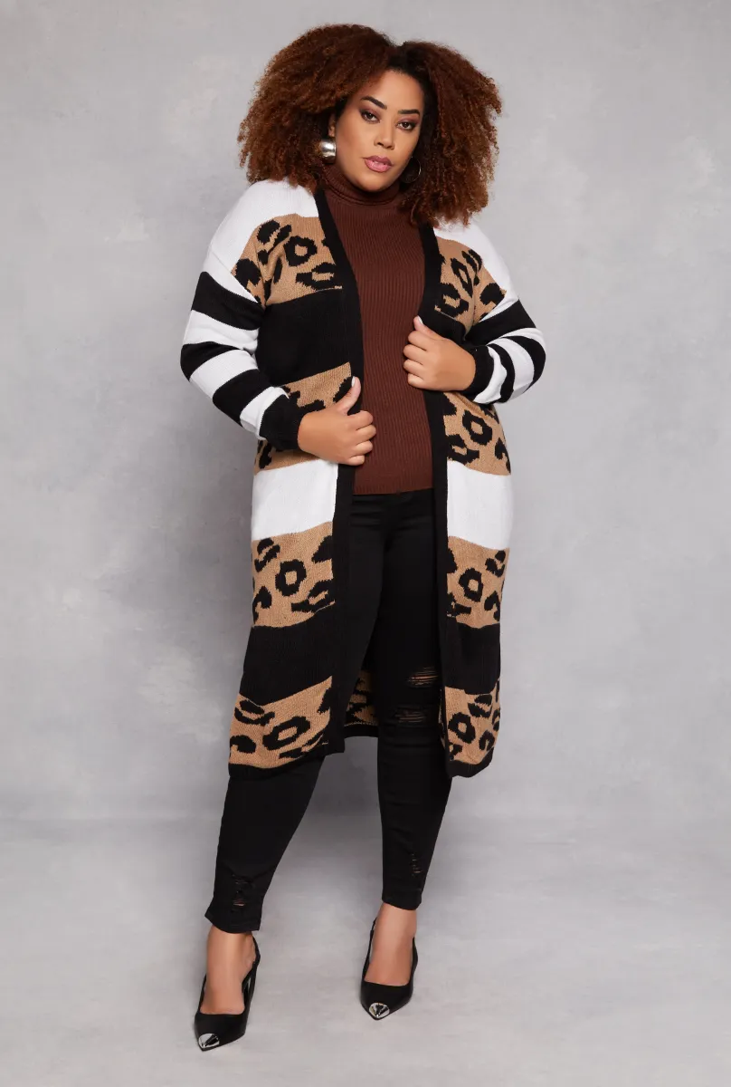 Plus Size Animal Print Knit Long Cardigan | Parallel