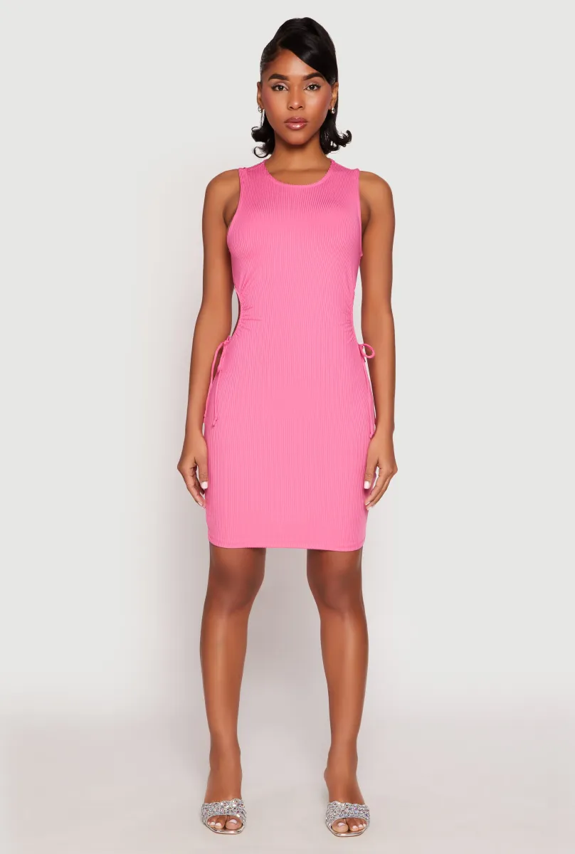 Ribbed Knit Drawstring Side Cut Out Dress | Parallel