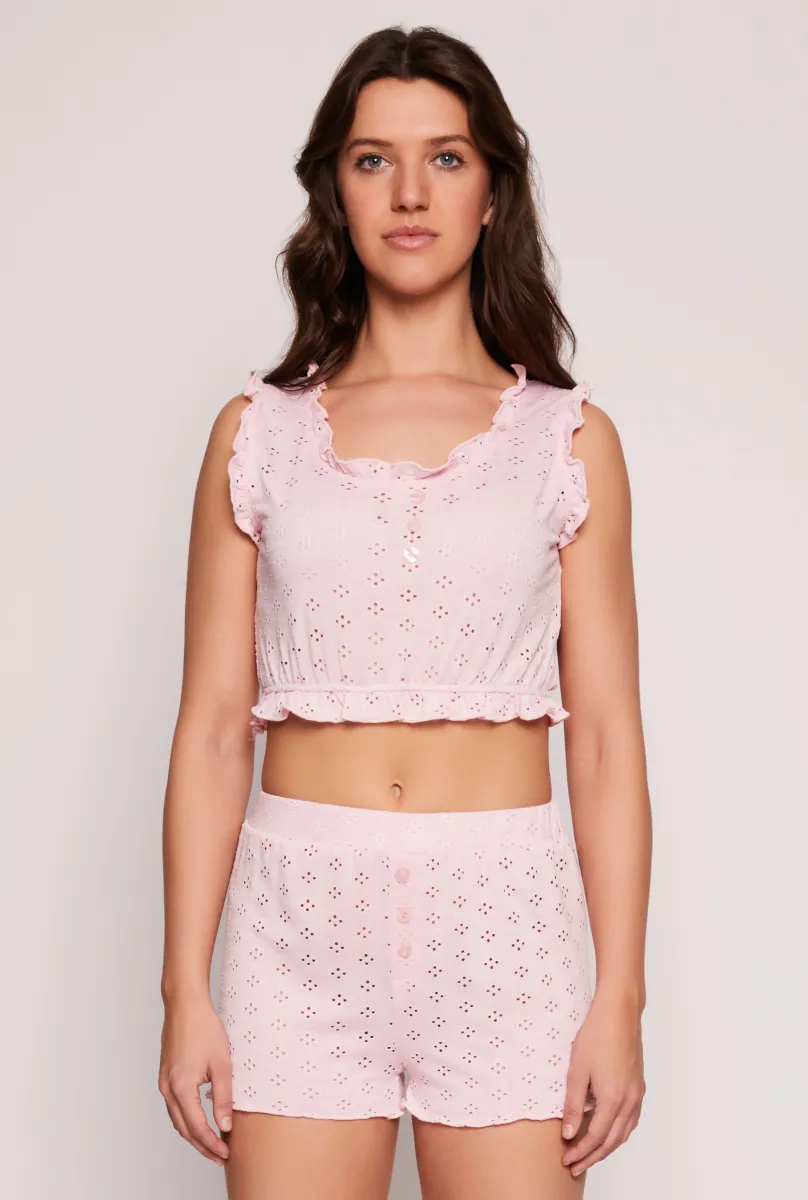 Eyelet Ruffled Pajama Crop Top and Shorts | Parallel