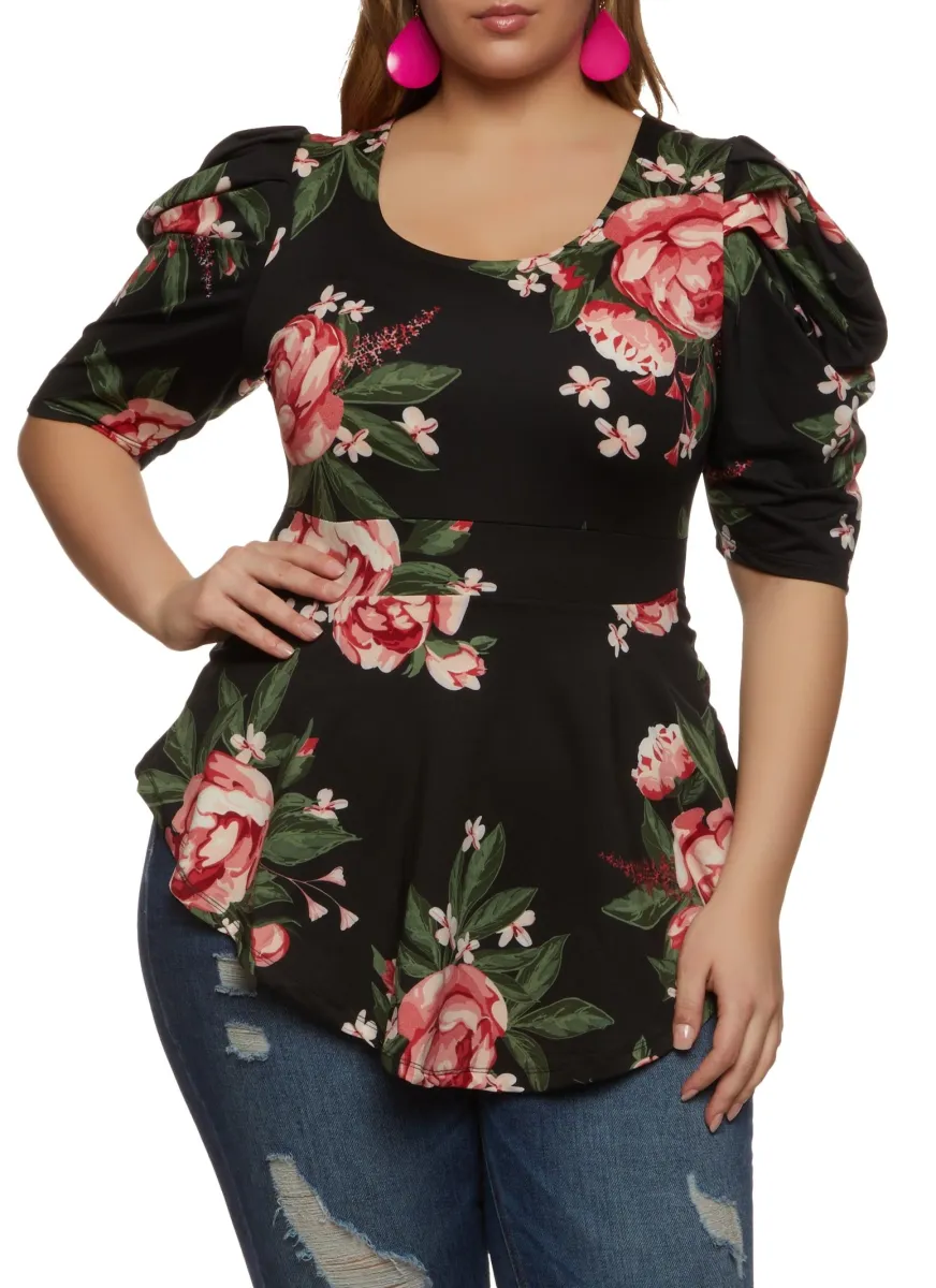 Plus Size Floral Print Puff Sleeve Peplum Top | Parallel