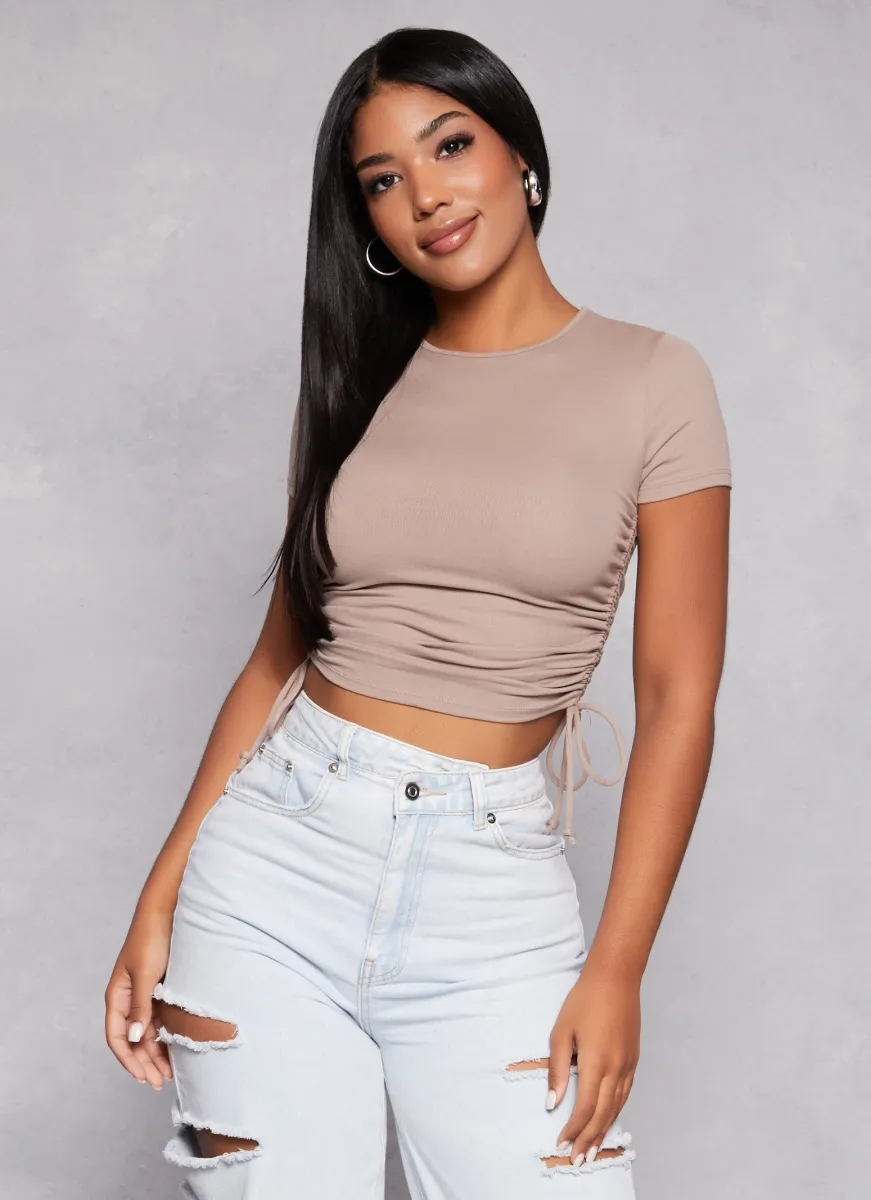 Solid Crew Neck Ruched Side Crop Top | Parallel