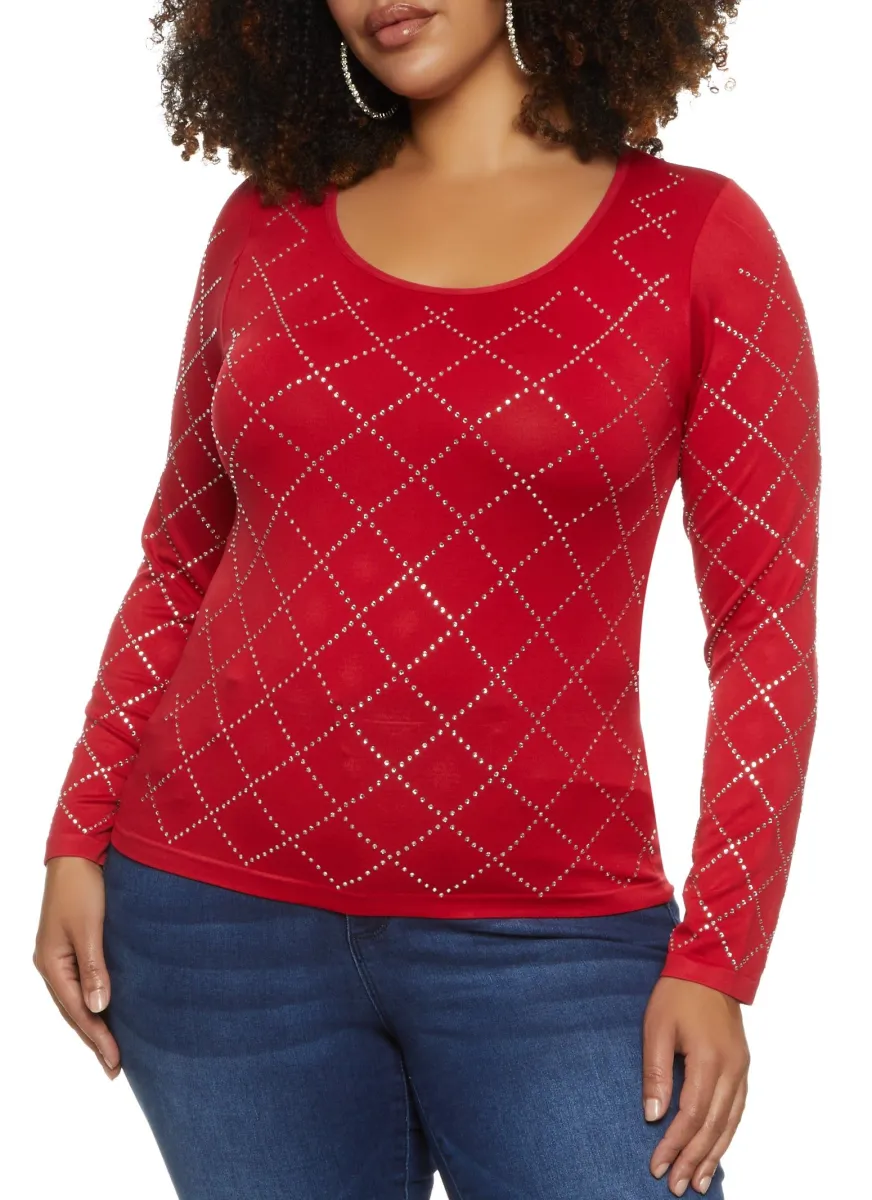 Plus Size Scoop Neck Rhinestone Printed T Shirt | Parallel