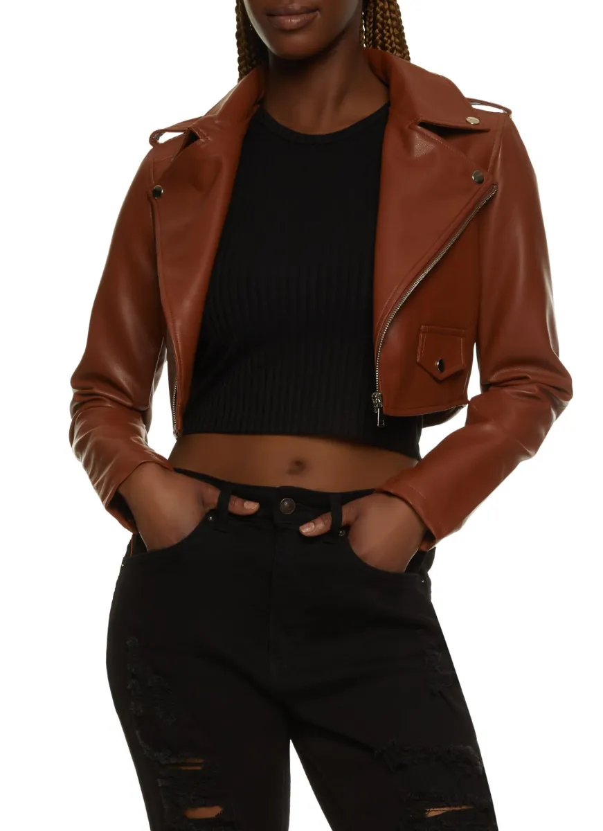 Faux Leather Zip Cropped Moto Jacket | Parallel