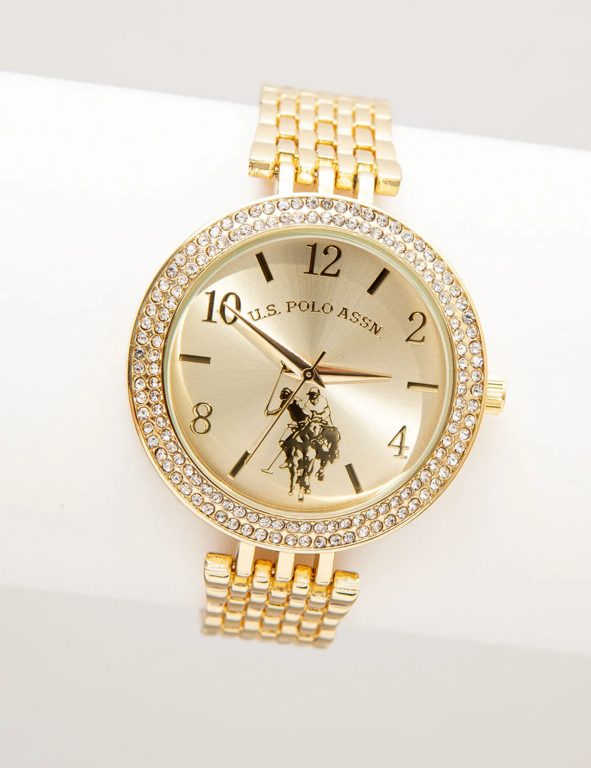 LADIES GOLDTONE WATCH WITH CRYSTAL ENCRUSTED BEZEL | Parallel