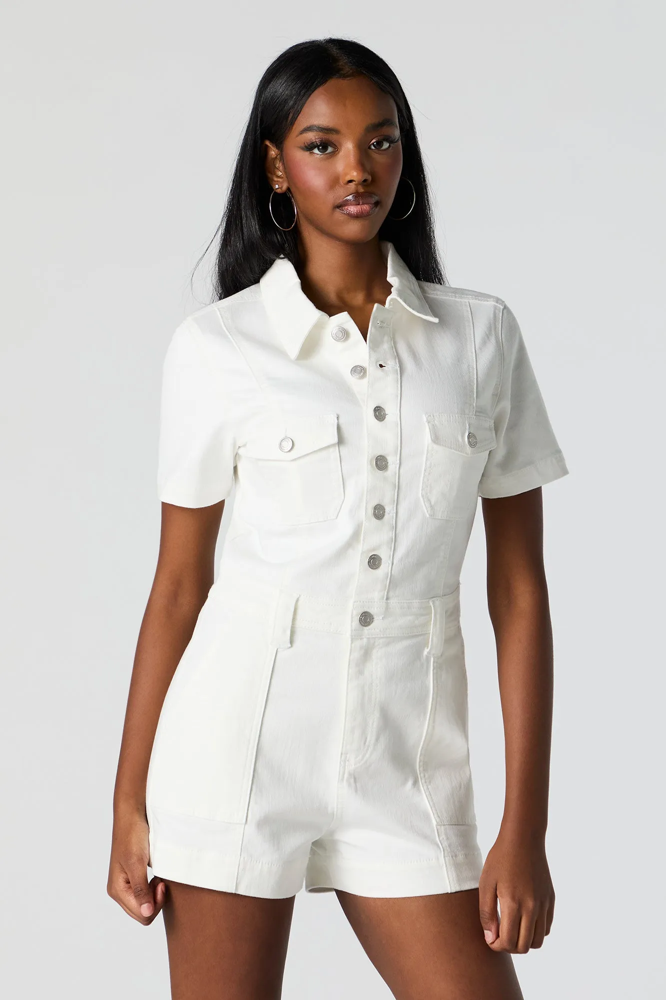 Denim Short Sleeve Button-Up Romper | Parallel