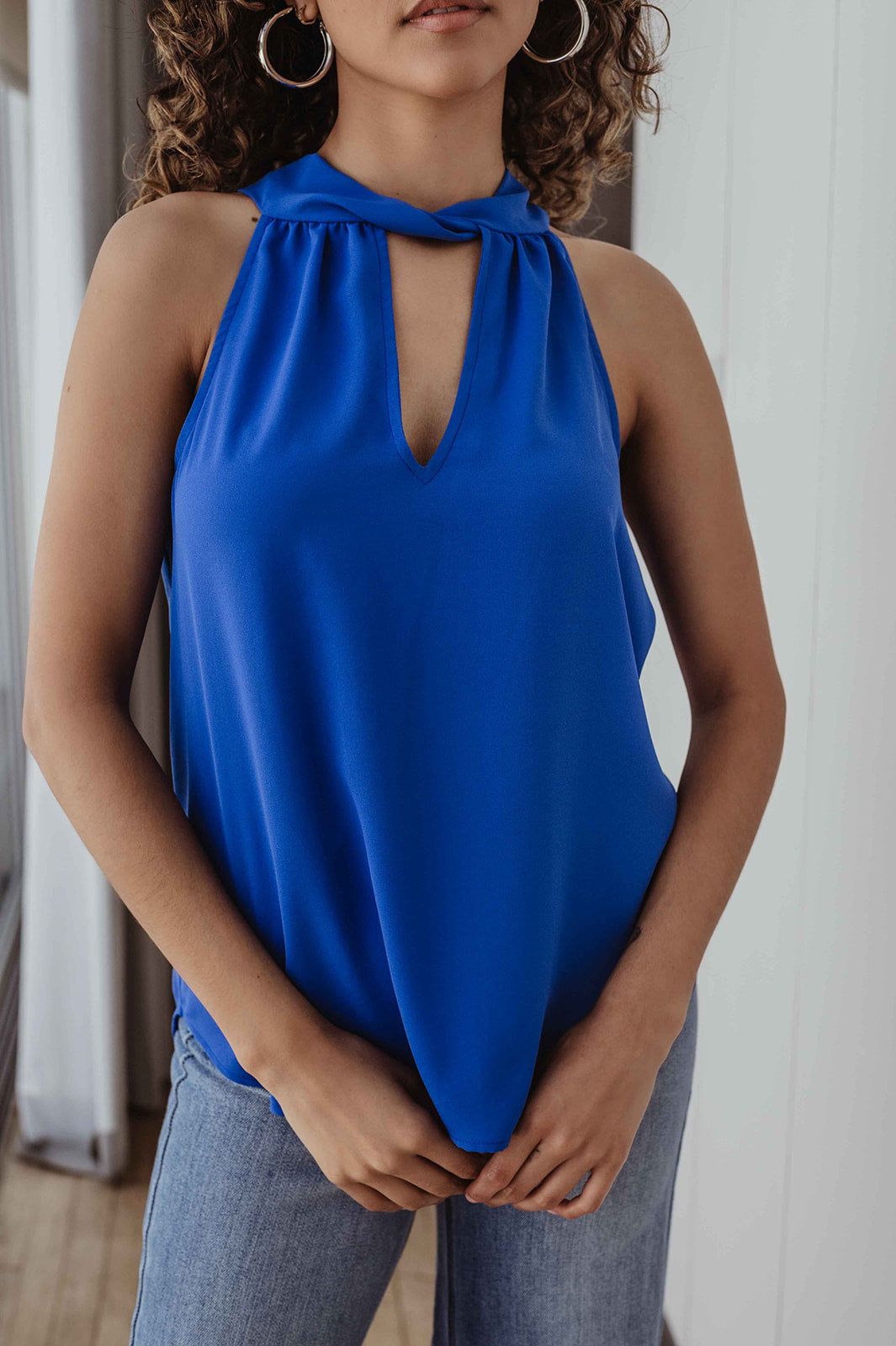 Pop Blue Twist Halter Sleeveless Blouse | Parallel